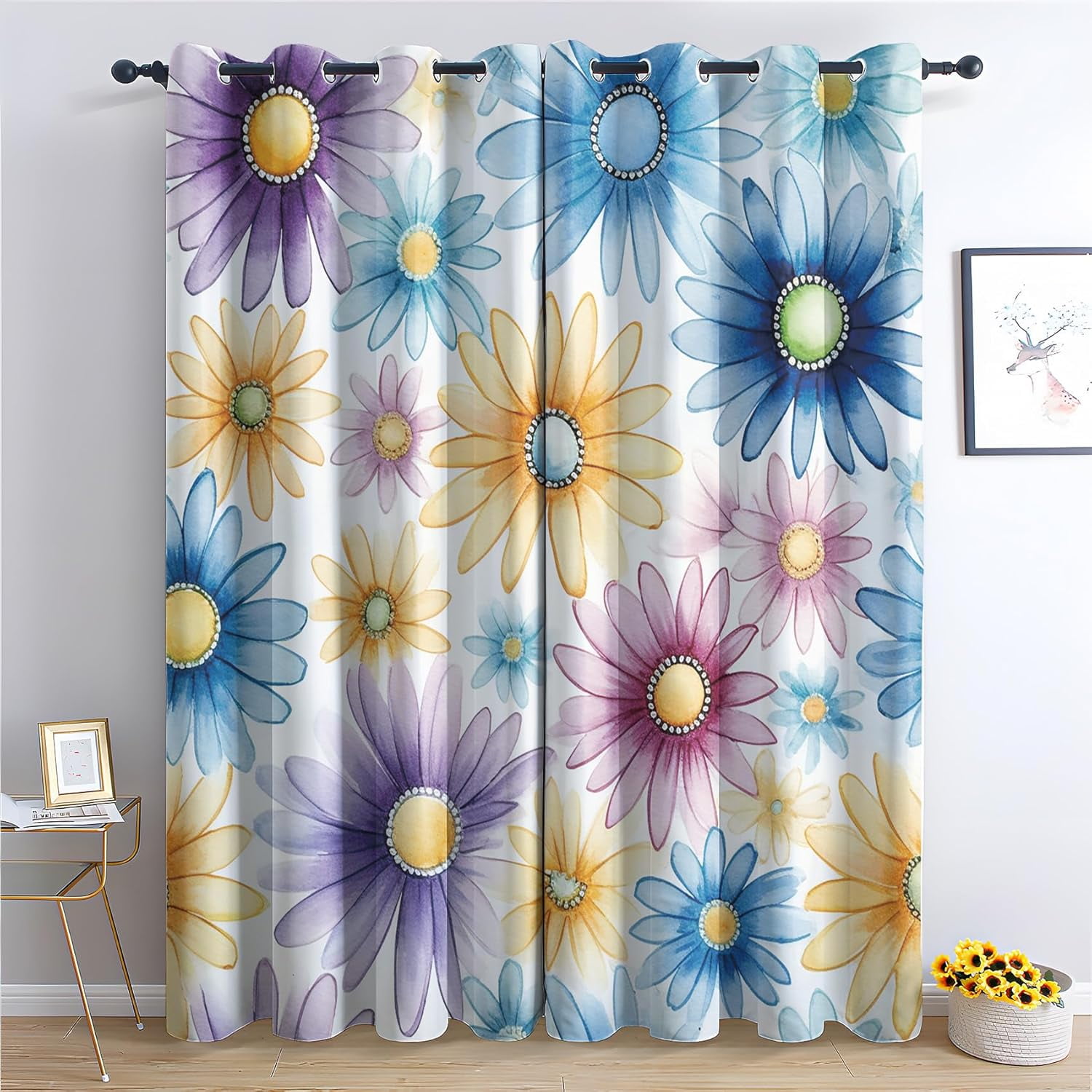 Daisy Floral Blackout Curtains, Blue Purple Pink Yellow Window Curtains ...