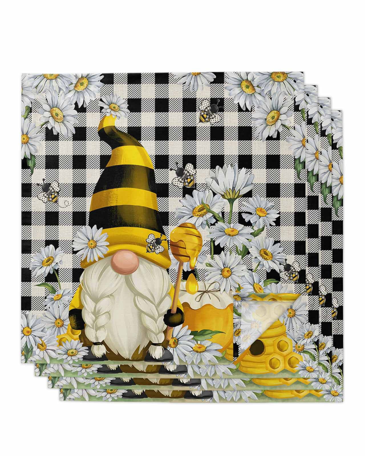 Daisy Floral Cloth Napkins Set of 4 Reusable Dinner Napkins, Bee Gnomes ...