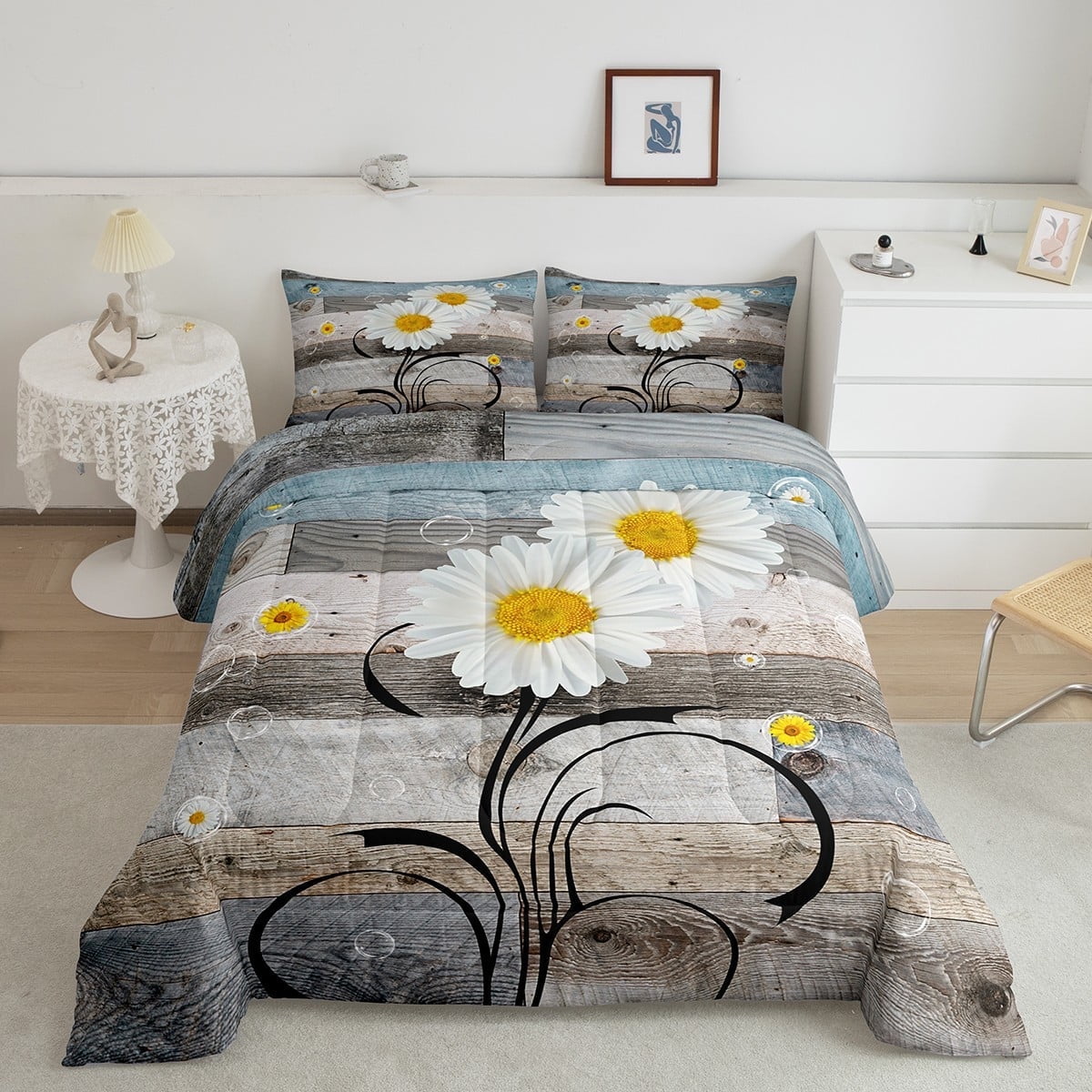 Daisy Floral Comforter Set Rustic Farmhouse Wooden Style Bedding ...