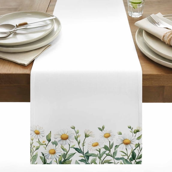 Daisy Floral Cotton Linen Table Runner Spring Flowers Leaf Dining Table ...