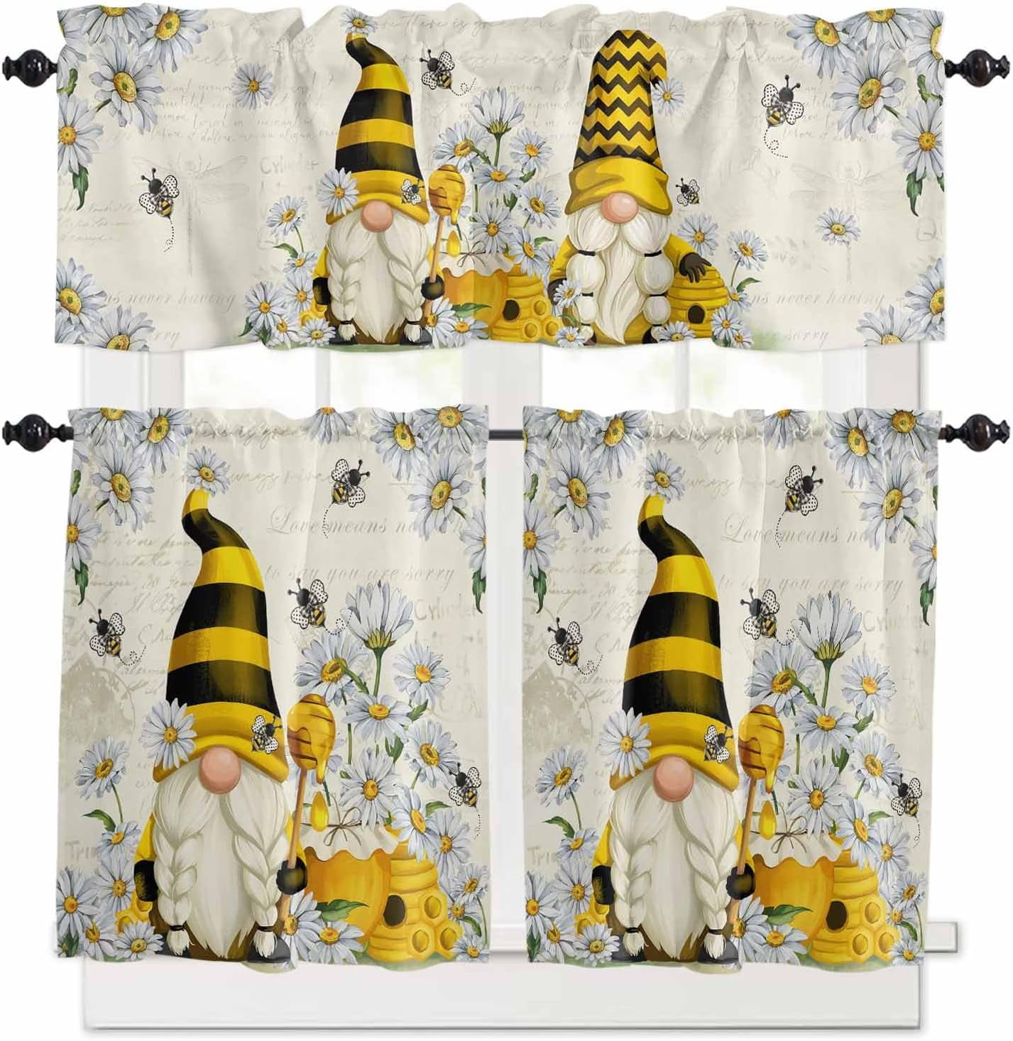 Daisy Floral Kitchen Curtains, Bee Gnomes Flowers Black White Plaid 3 ...