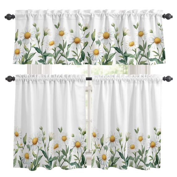 Daisy Floral Kitchen Curtains Set for Windows, Spring Florals Leaf ...