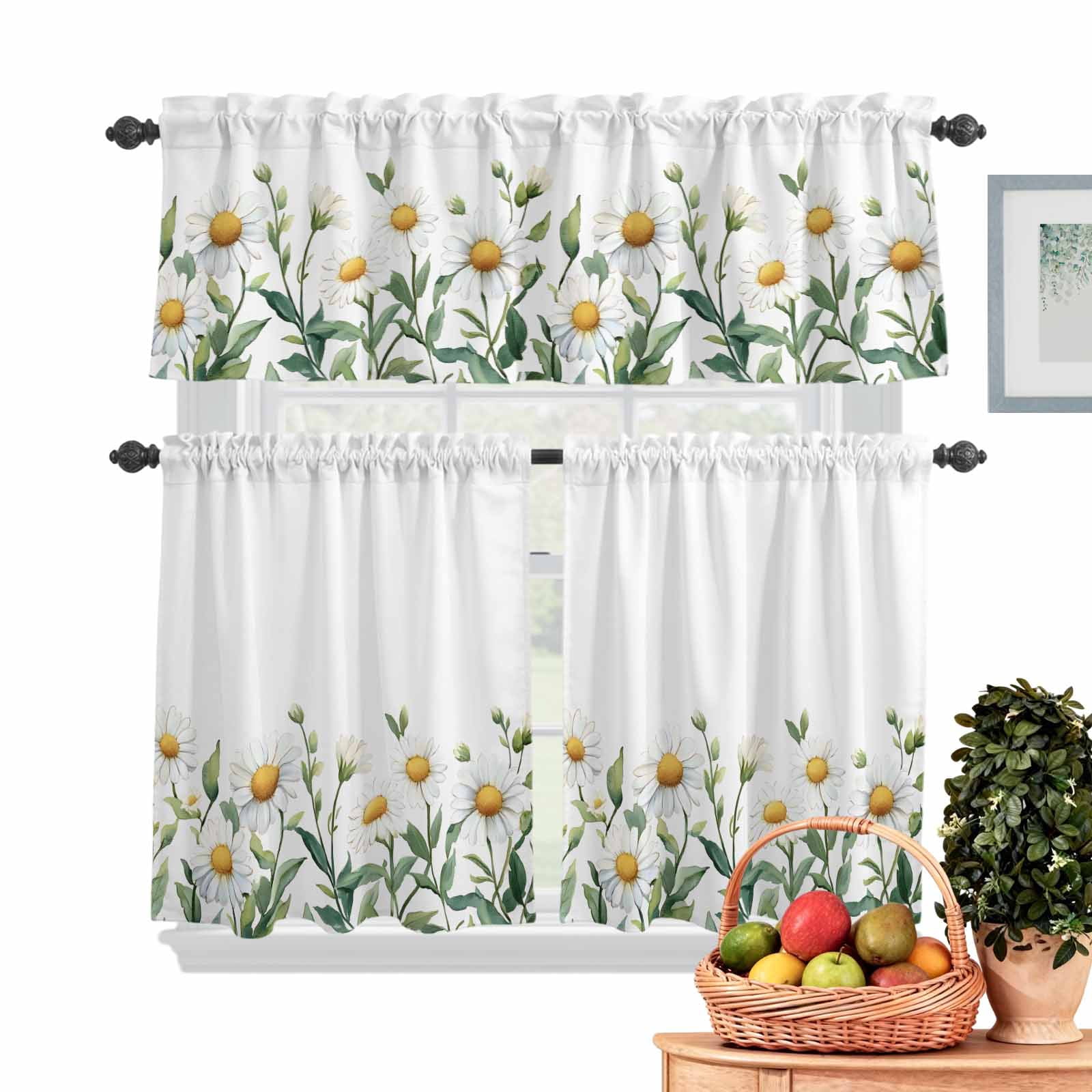 Daisy Floral Kitchen Curtains Valances 3 Piece Set, Spring Flowers Leaf ...
