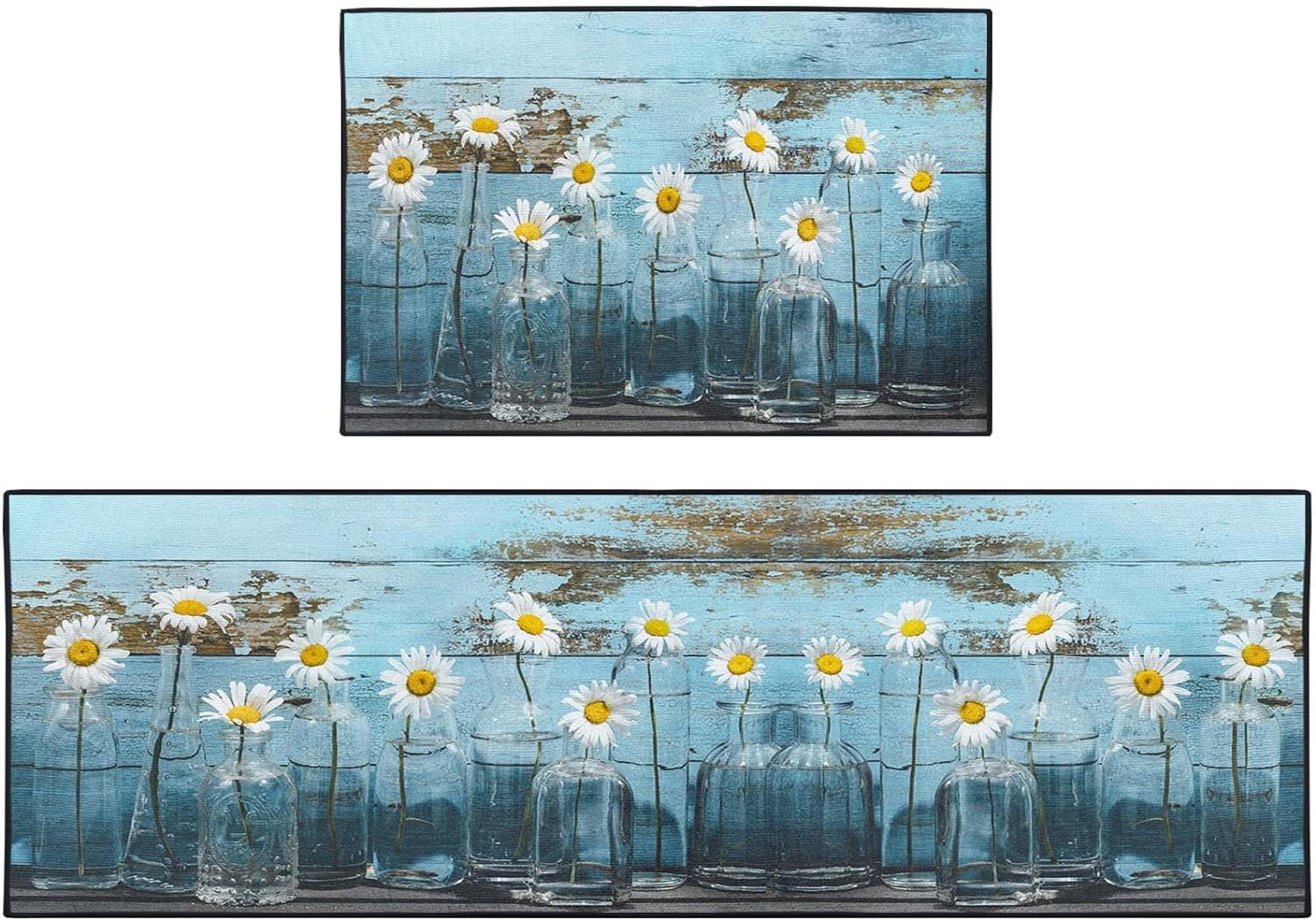 Daisy Floral Kitchen Rugs and Mats Non Skid Washable Set of 2, Blue ...