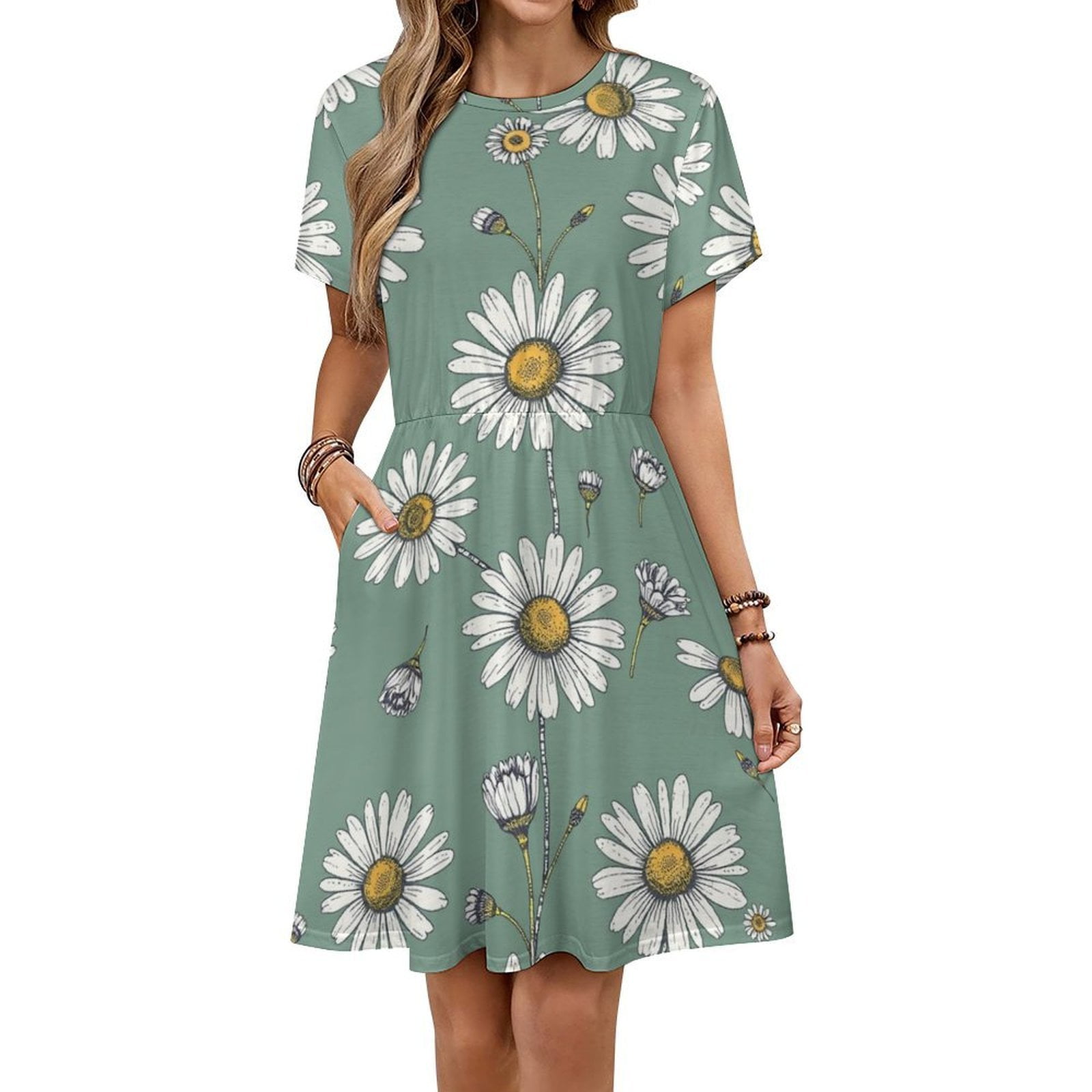 Daisy Floral Pattern Dress Fashion Beach Short Sleeve Dresses Female ...