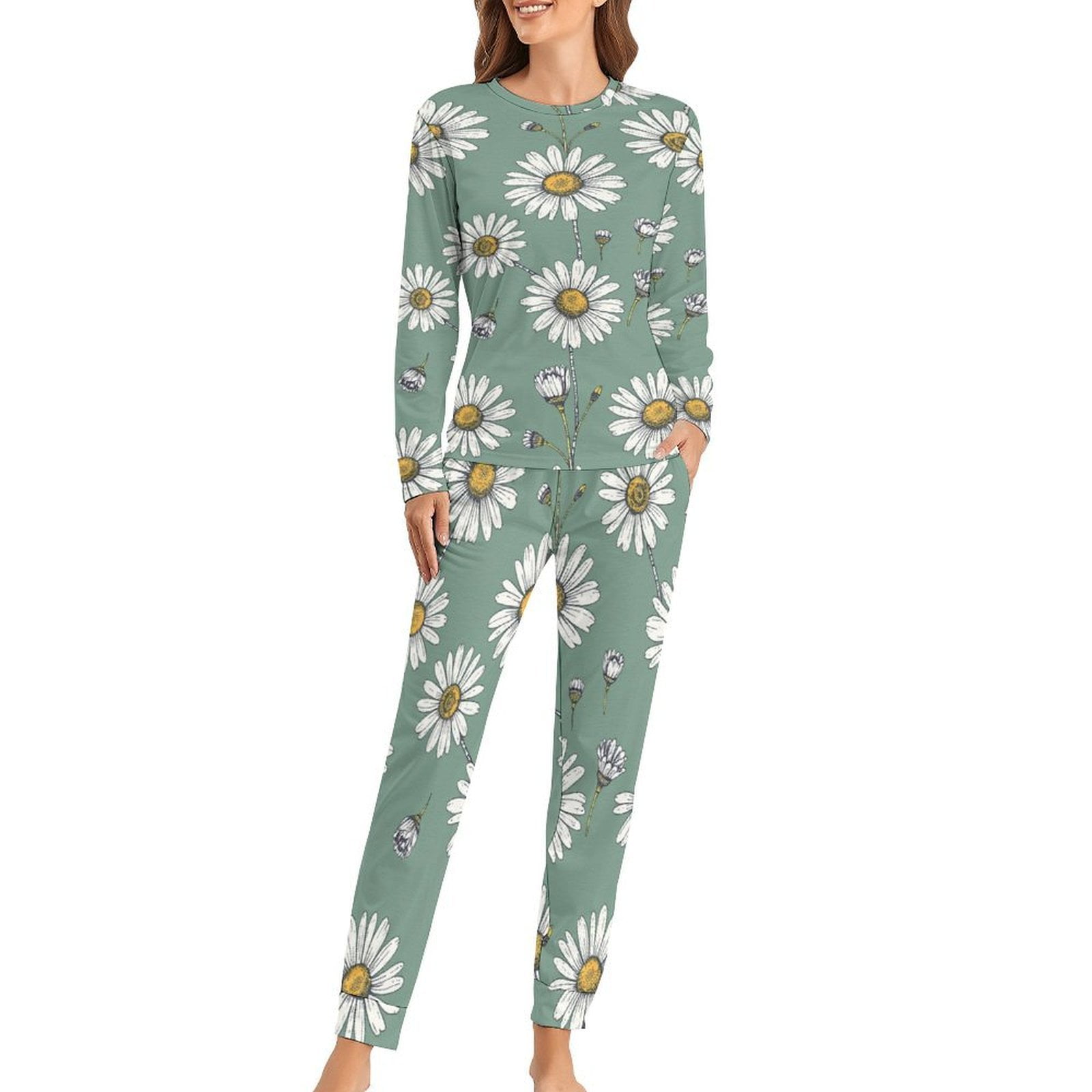 Daisy Floral Pattern Pajamas Woman Nightwear Long Sleeve Two Piece ...