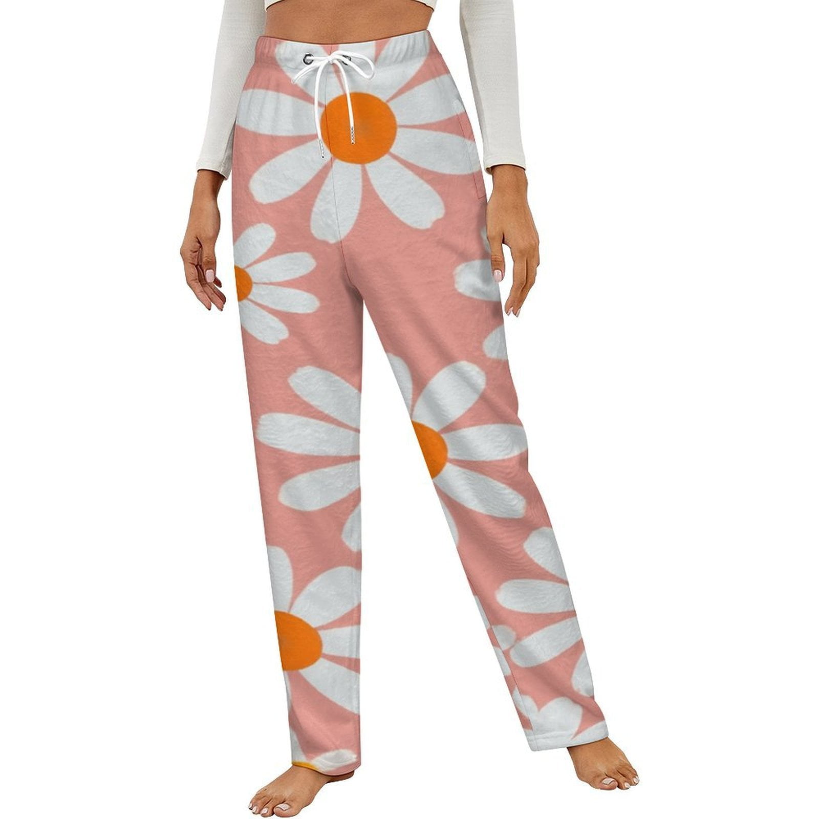 Daisy Floral Peach Pattern Winter Female Pants Flannel High Waist Women Pants Lady Warm Straight ...