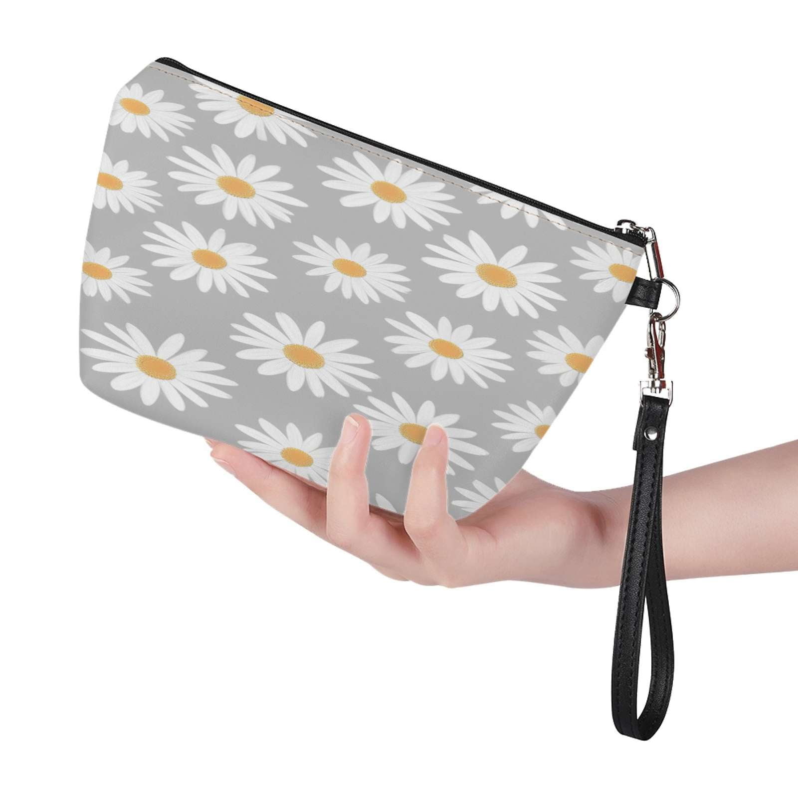 Daisy Floral Print Leather Makeup Bag Small Travel Cosmetic Bag For ...