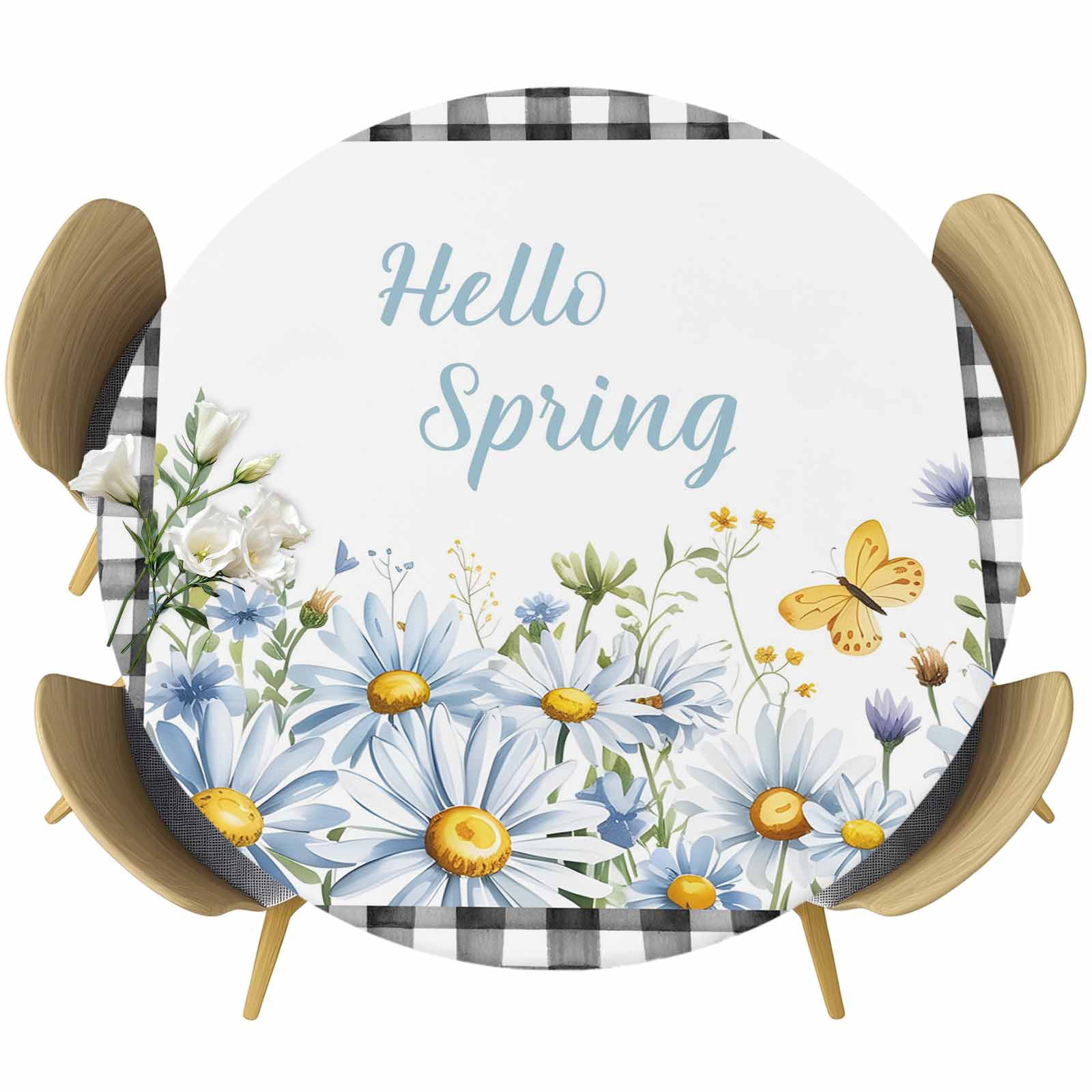 Daisy Floral Round Tablecloth, Fitted Table Cover with Elastic for 36 ...