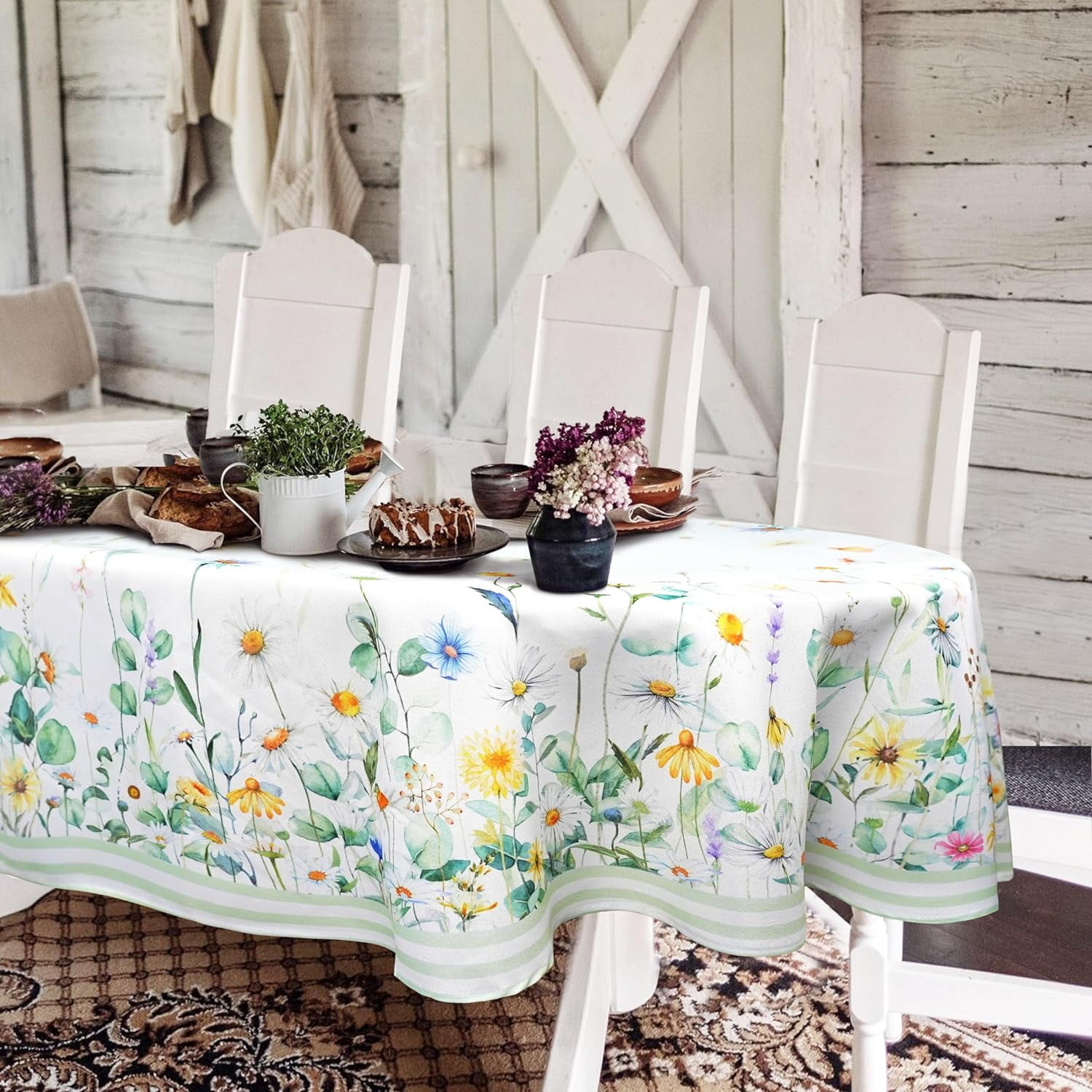 Daisy Floral Sage Green Oval Tablecloth 60x84 inches Sage Floral Tablecloth Waterproof Wrinkle Resistant Durable Oval Tablecloth for Kitchen