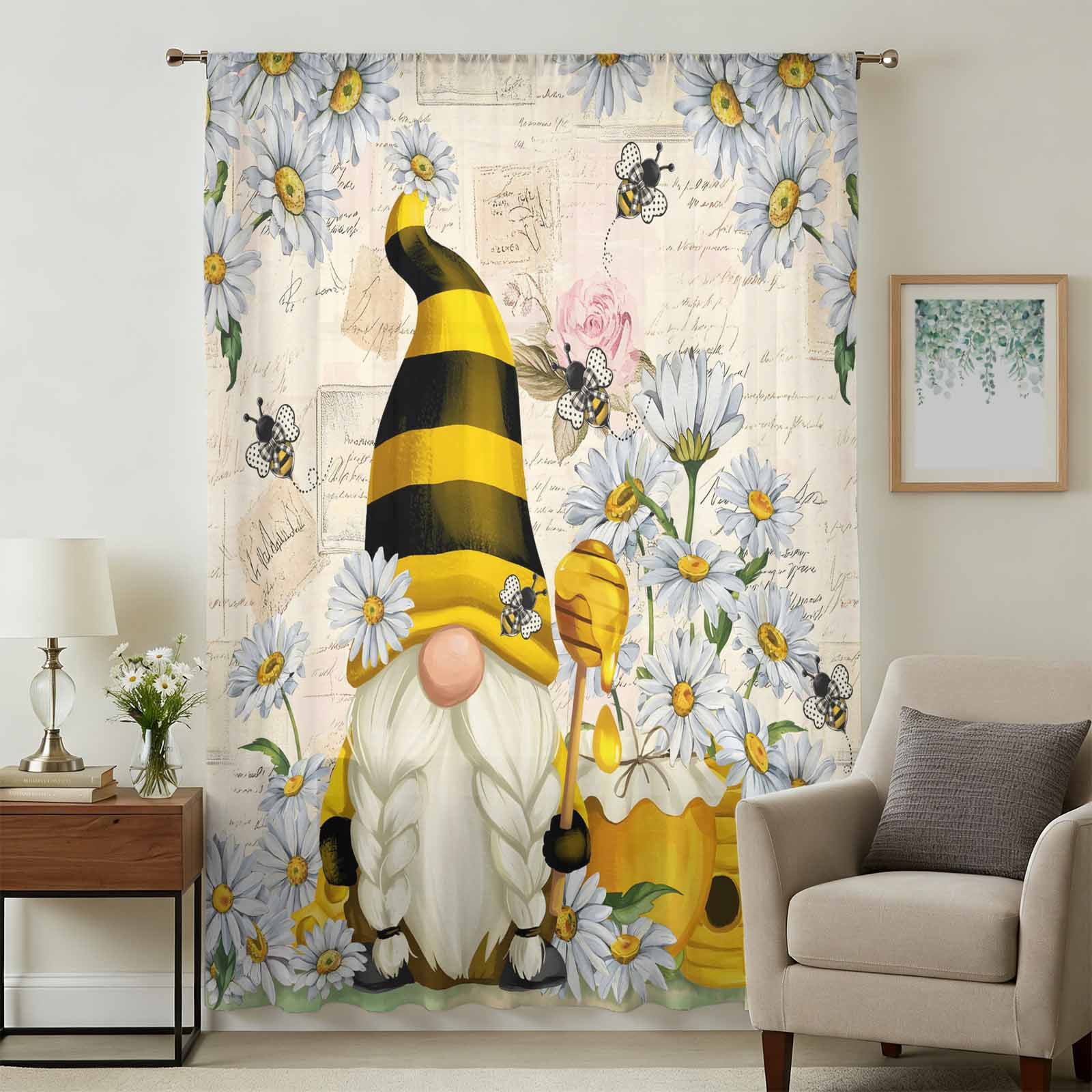 Daisy Floral Sheer Curtains 108 Inches Extra Long, Retro Watercolor Bee ...