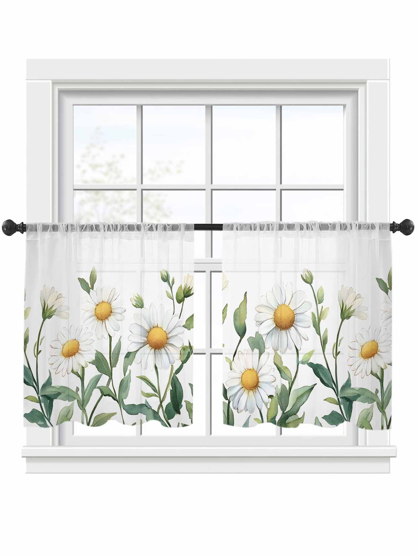 Daisy Floral Sheer Curtains 2 Panels Set Spring Flowers Leaf Sheer ...