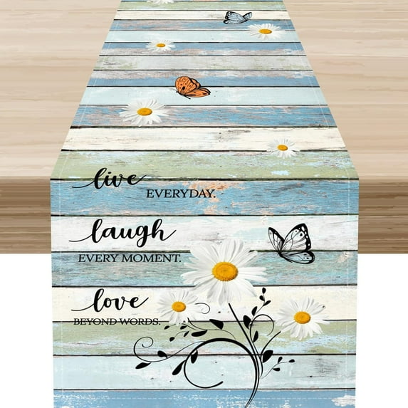 Daisy Floral Table Runner, Rustic Seasonal Spring Blue Wooden ...