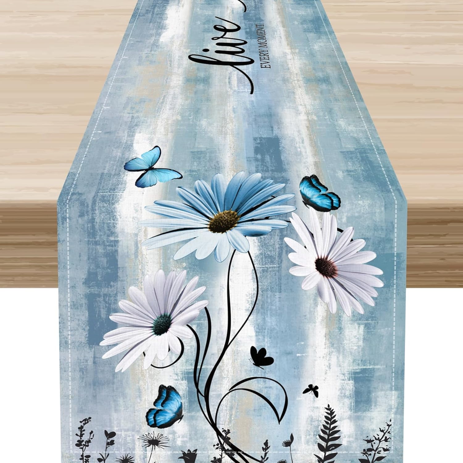 Daisy Floral Table Runner, Rustic Wild Flowers Blue Wooden Boho ...