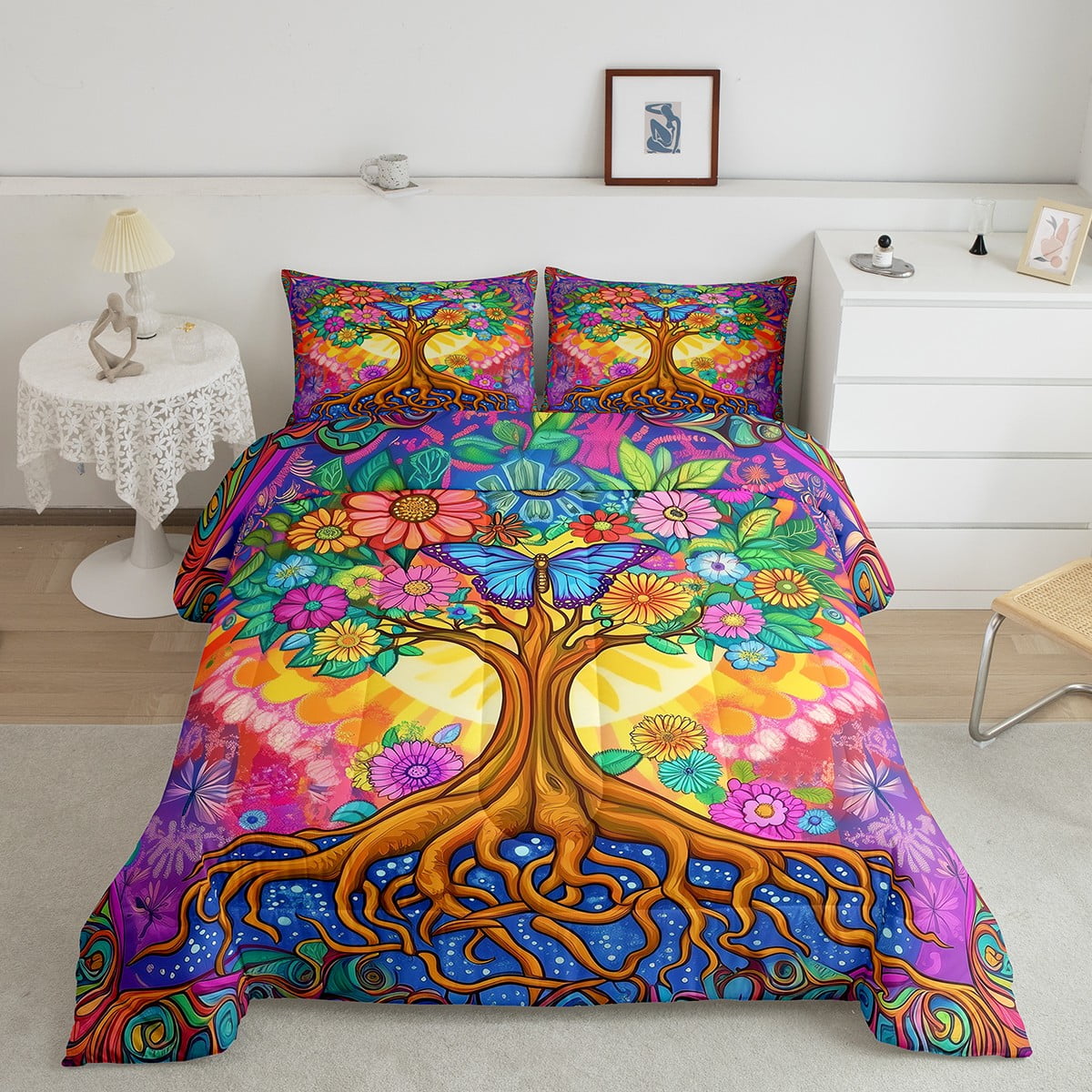 Daisy Floral Tree Comforter Set King Size,Groovy Hippie Style Bedding ...
