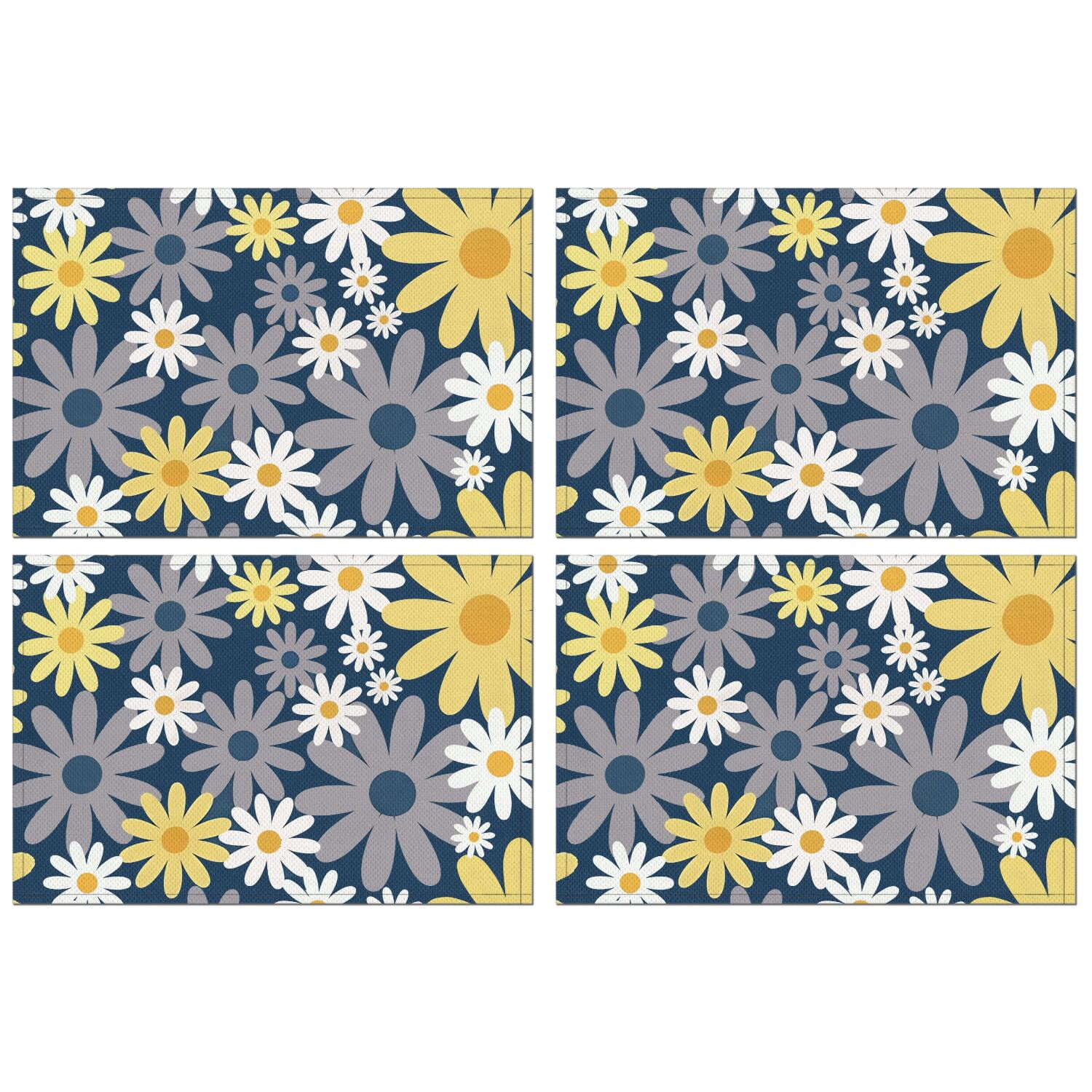 Daisy Floral Yellow Boho Placemats Set of 4, 12x18 Inch Vintage Linen ...