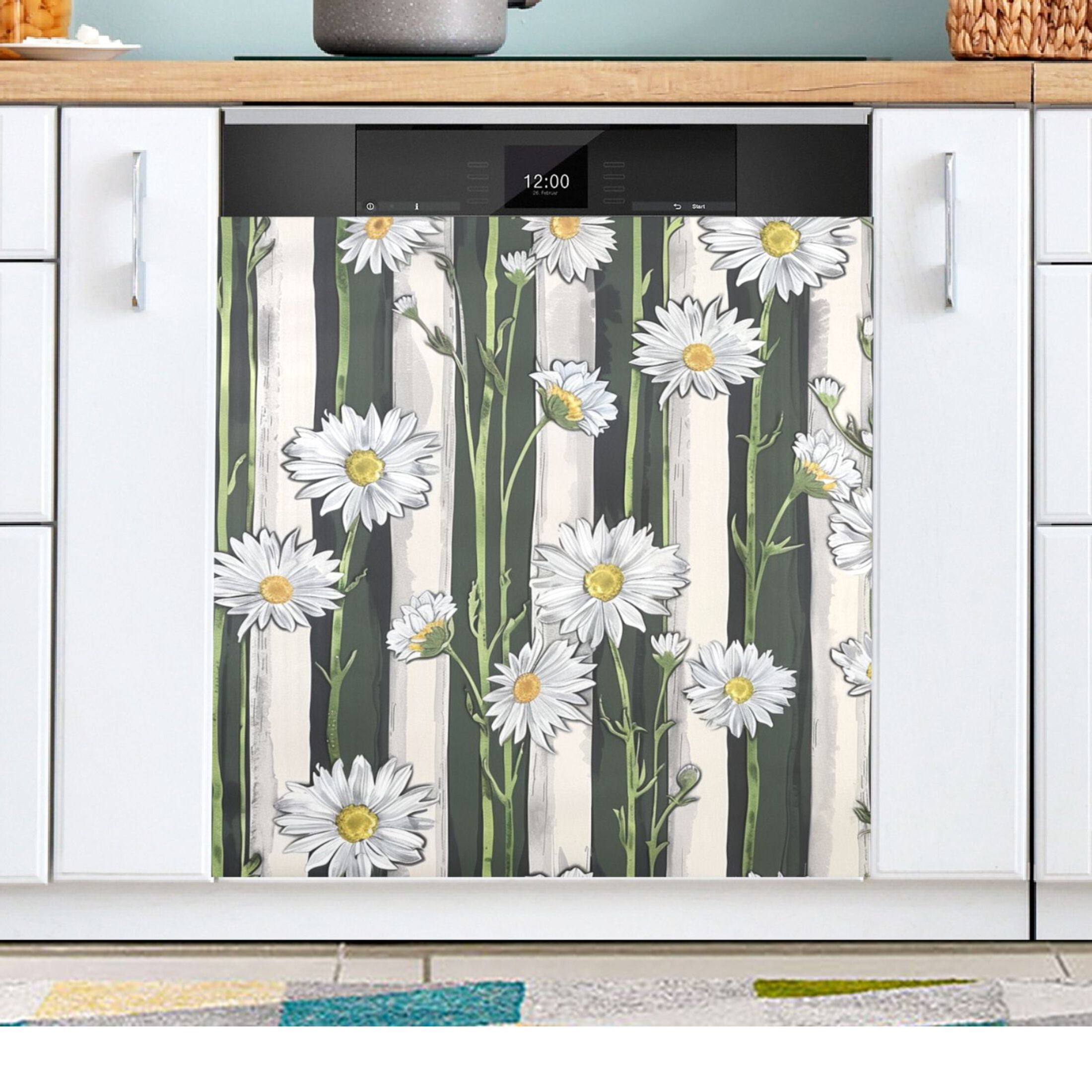 Daisy Floral on Stripe Dishwasher Magnetic Refrigerator Magnet Cover ...