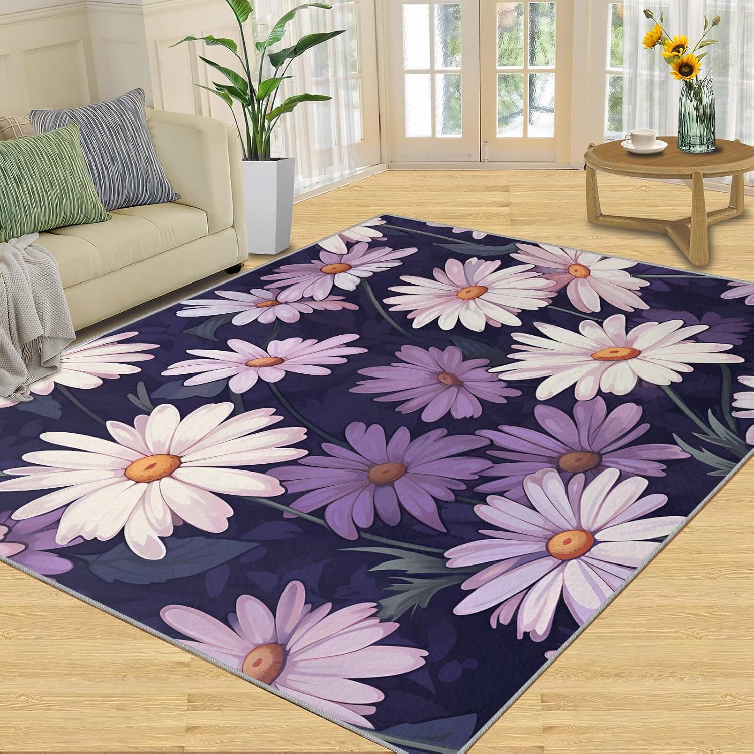 Daisy Flower Area Rug Purple Floral Bedroom Rug Purple Night Flowers ...