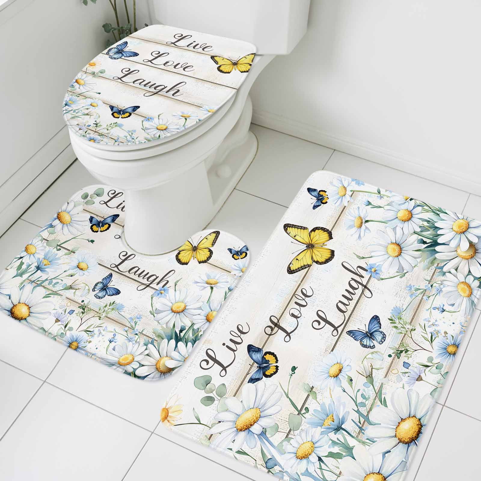 Daisy Flower Bathroom Rugs Set Blue Yellow Butterfly Non Slip Absorbent ...