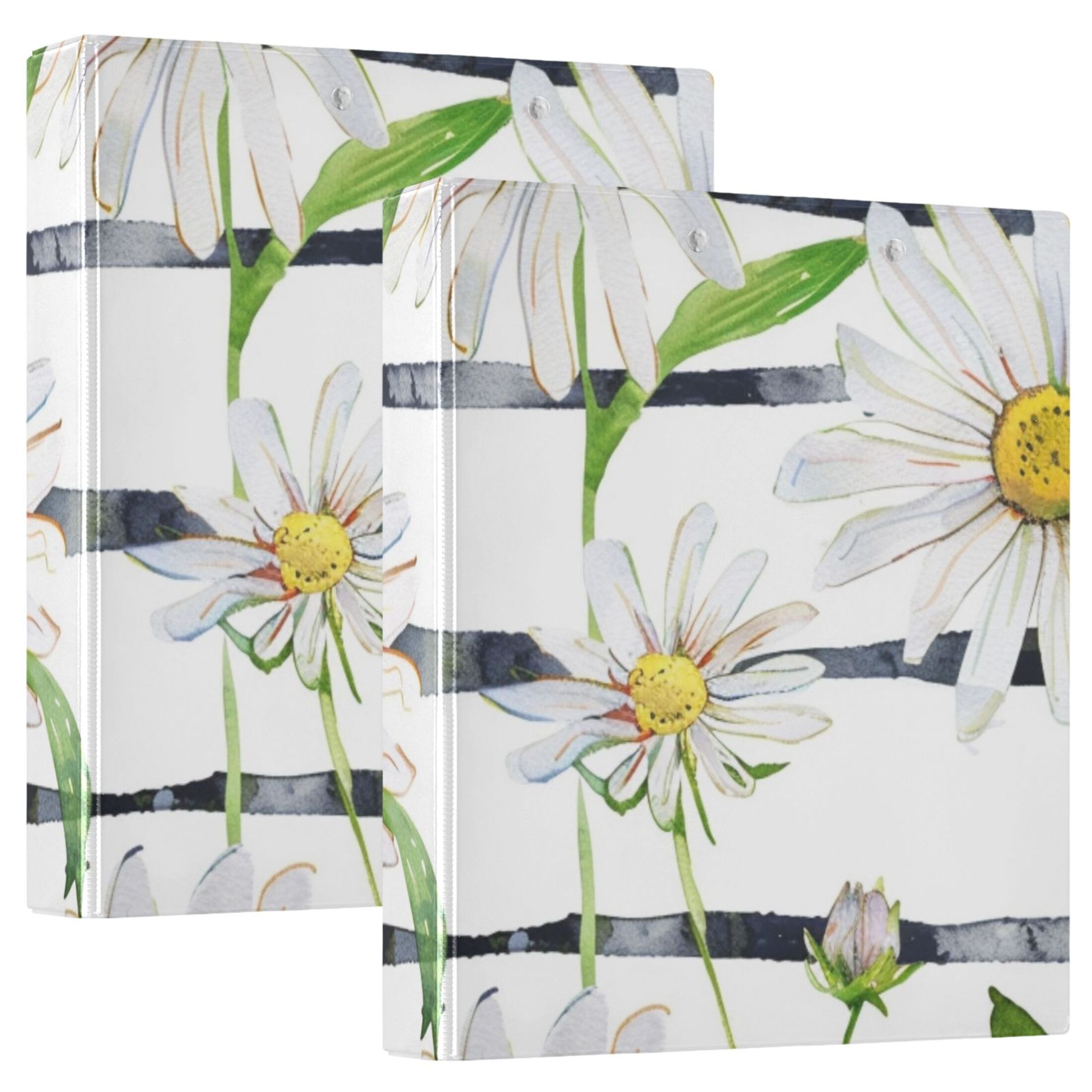 Daisy Flower on Black White Stripes 3 Ring Hardcover Binders 1.5" Round ...