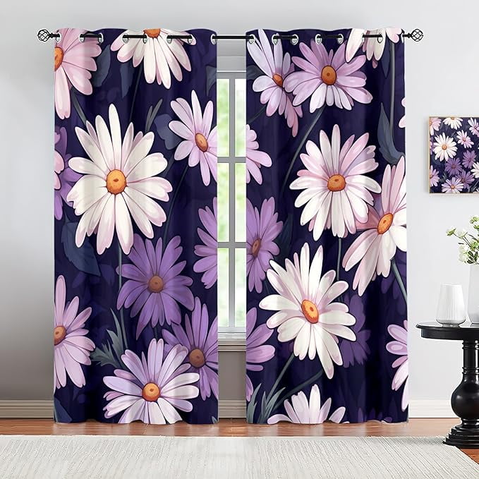 Daisy Flower Blackout Curtains For Bedroom Living Room, Purple Floral ...