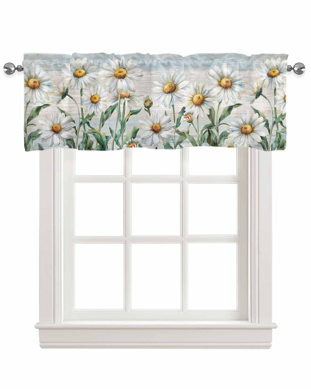 Daisy Flower Blue Linen Curtain Valance for Bedroom/Bathroom/Kitchen ...