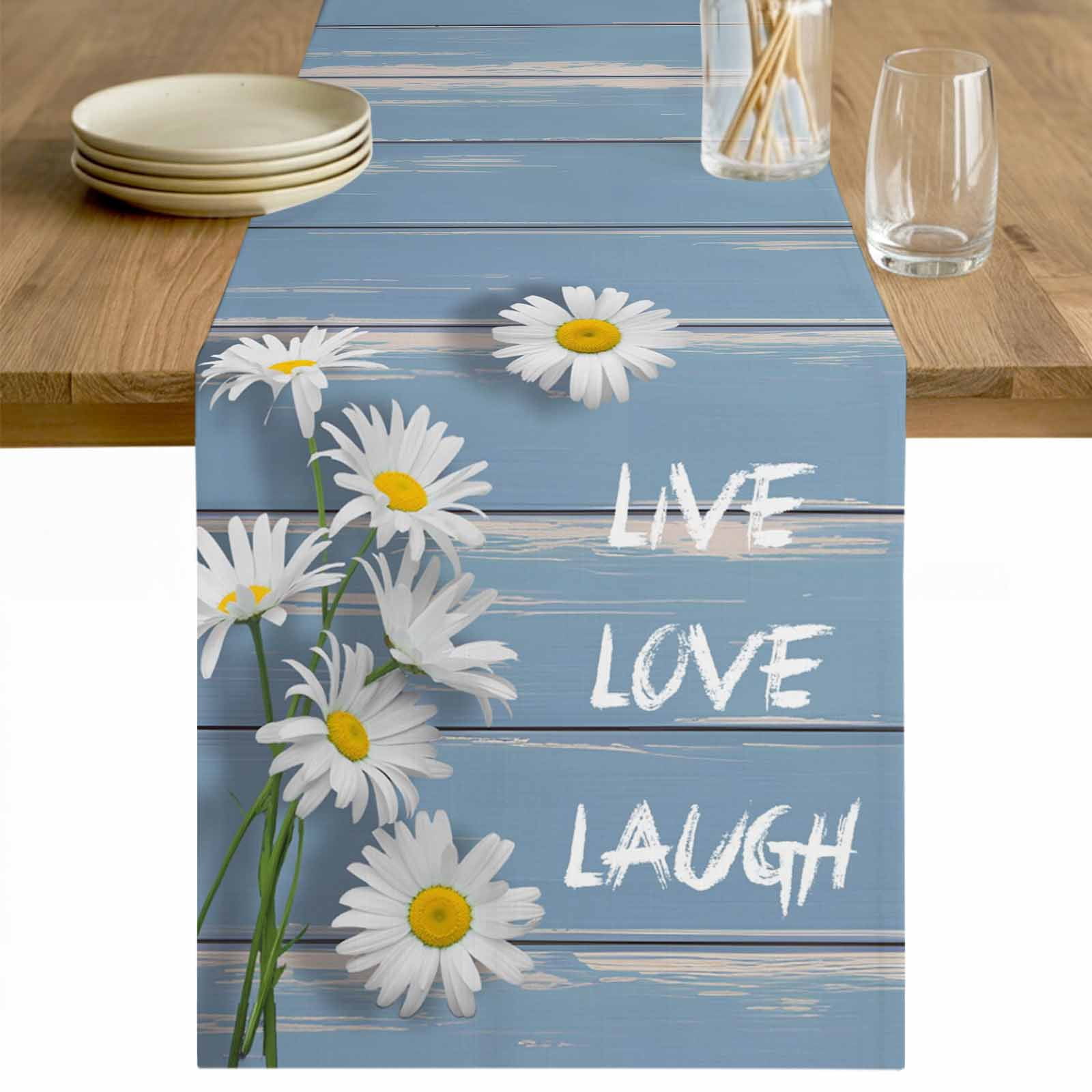 Daisy Flower Blue Table Runner - 72 Inch Long Farmhosue Country Floral Wooden Grain Cotton and ...