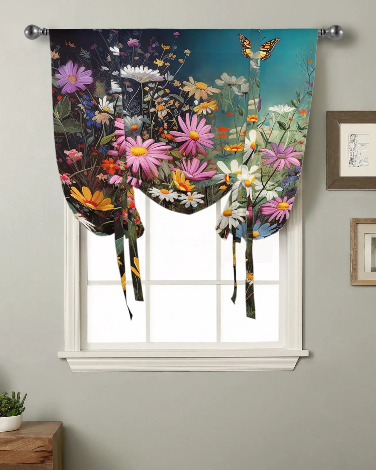 Daisy Flower Butterfly Bushes Kitchen Short Window Curtain Rod Pocket ...