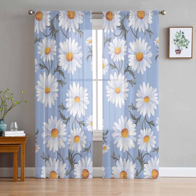 Daisy Flower Butterfly Bushes Sheer Voile Curtain for Living Room ...