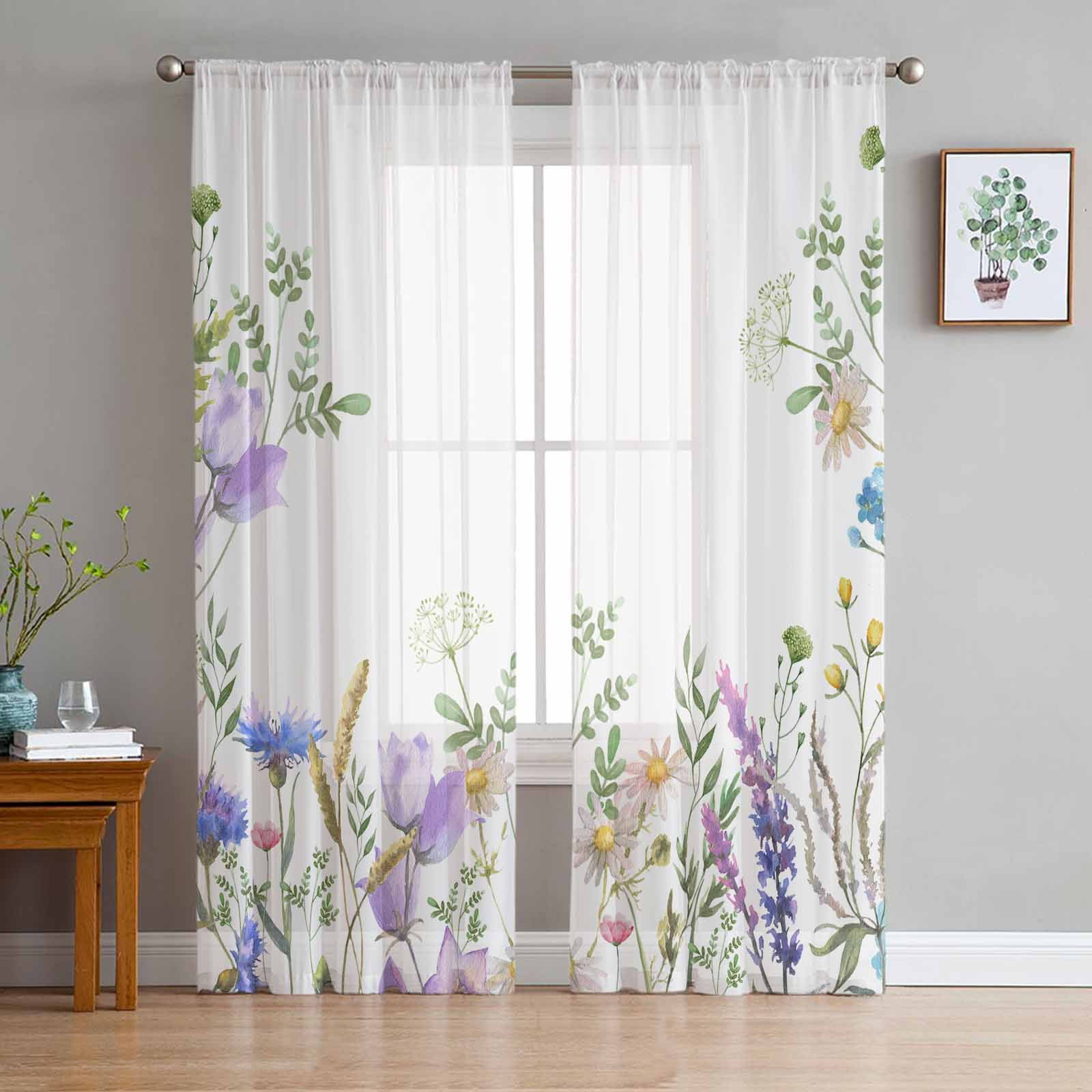 Daisy Flower Butterfly Bushes Sheer Voile Curtain for Living Room ...