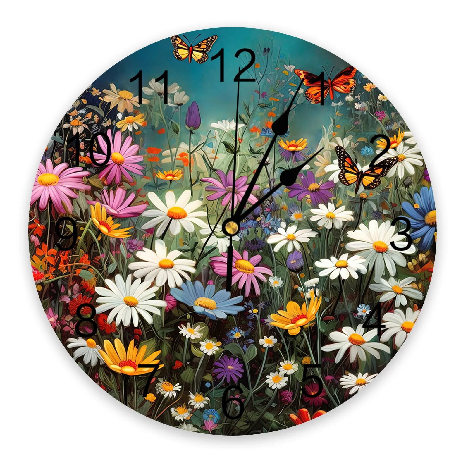 Daisy Flower Butterfly Bushes Wall Clock Large Modern Kitchen Dinning ...