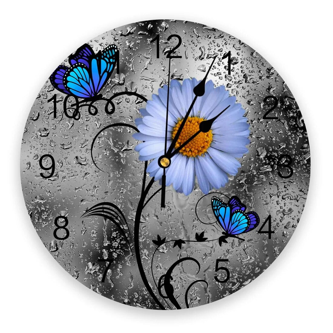 Daisy Flower Butterfly Glass Drops Wall Clock Home Decor Bedroom Silent ...
