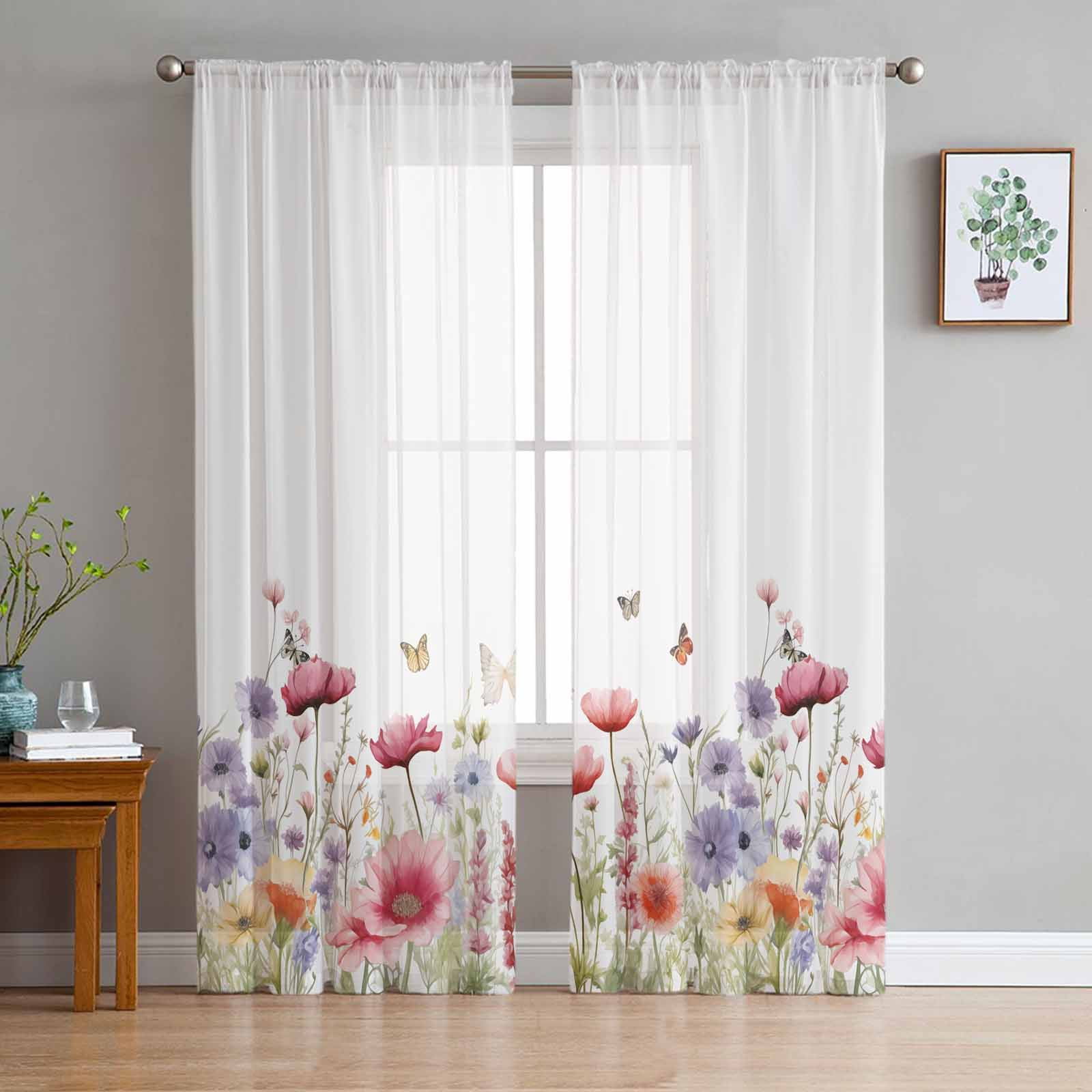 Daisy Flower Butterfly Sheer Tulle Curtains for Living Room Valance ...