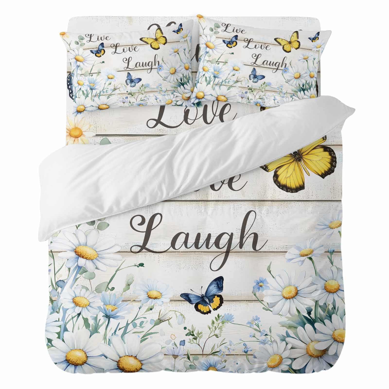 Daisy Flower Comforter Set Full Size, Blue Yellow Butterfly Soft ...