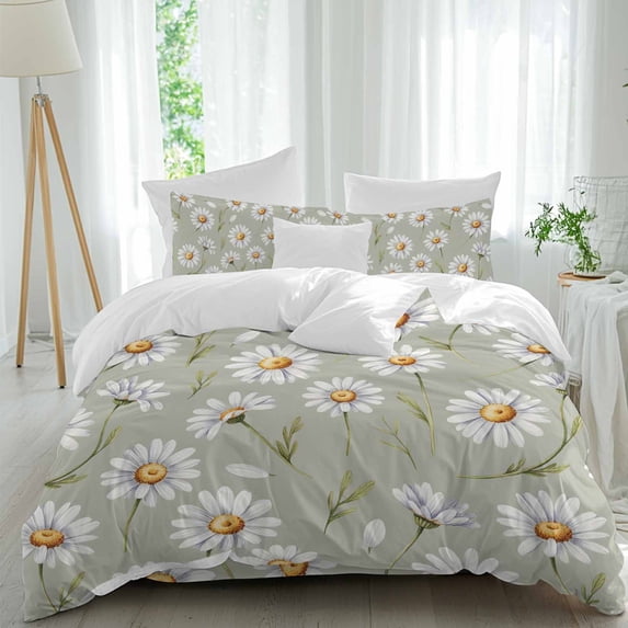 Daisy Flower Duvet Cover Set Full Size, Watercolor Leaf 4 Piece Soft ...