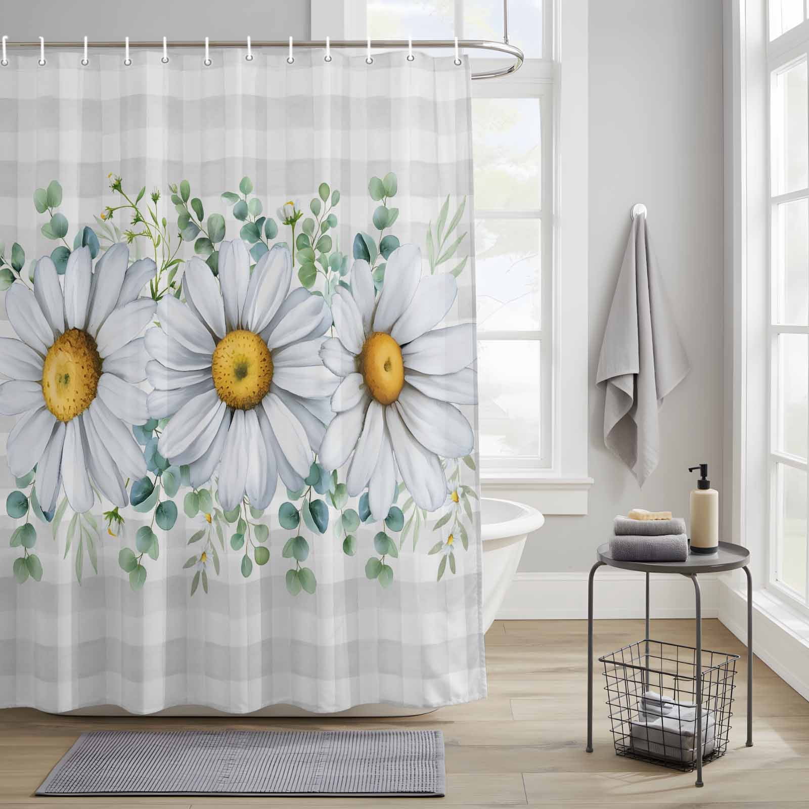 Daisy Flower Eucalyptus Leaf Shower Curtain Set, Waterproof Shower ...