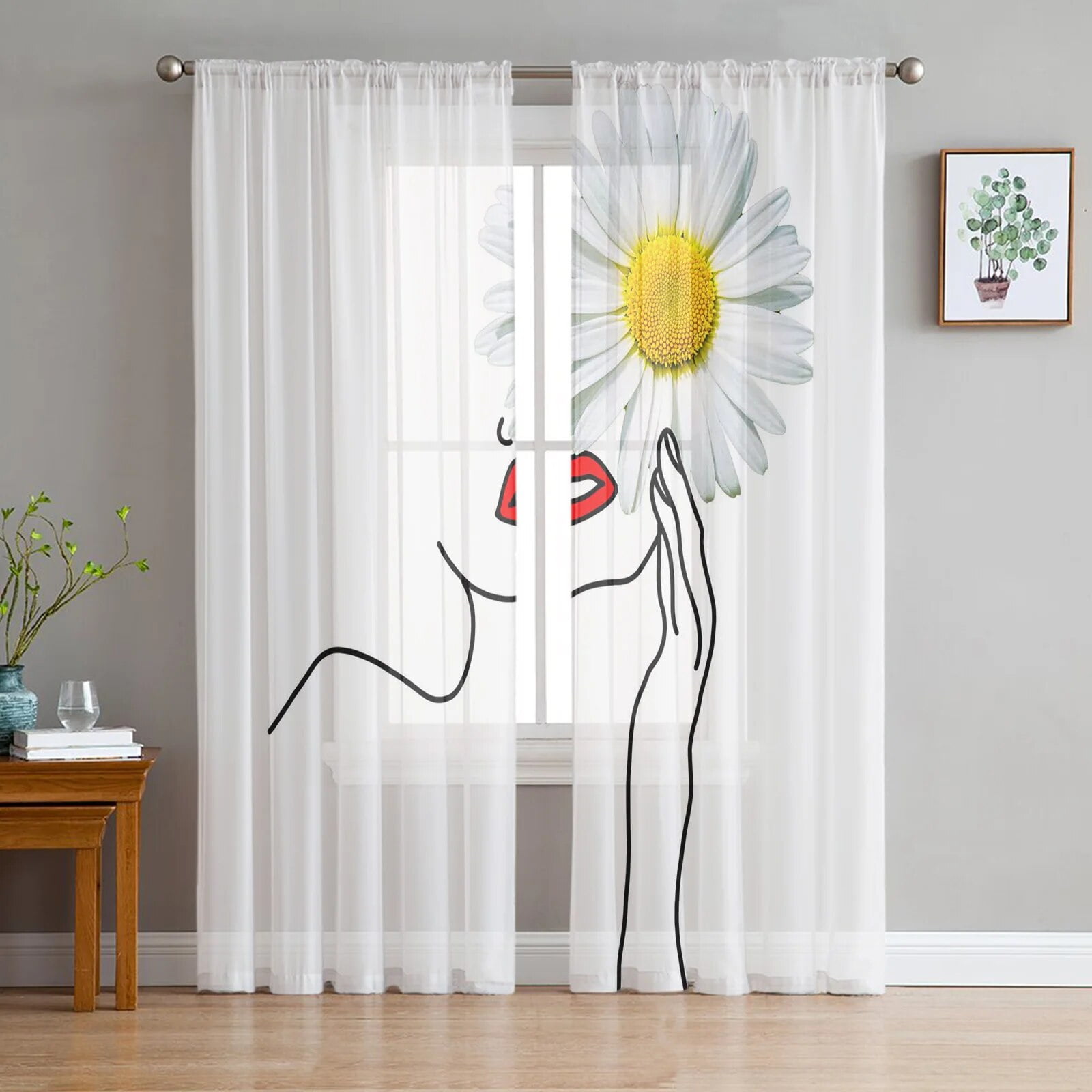 Daisy Flower Female Line Pattern Red Lips Voile Tulle Sheer Curtains ...