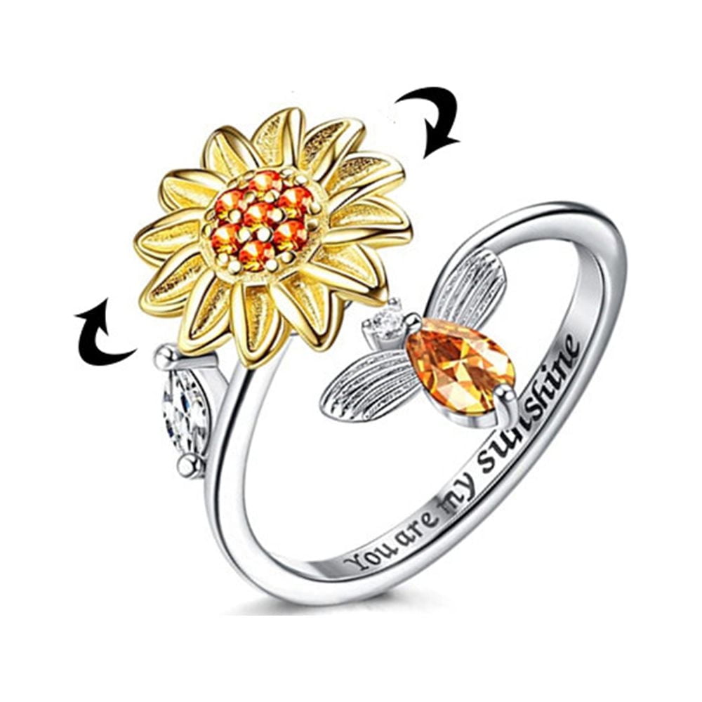 Daisy Flower Fidget Rings for Women Adjustable Open Finger Bands CZ ...