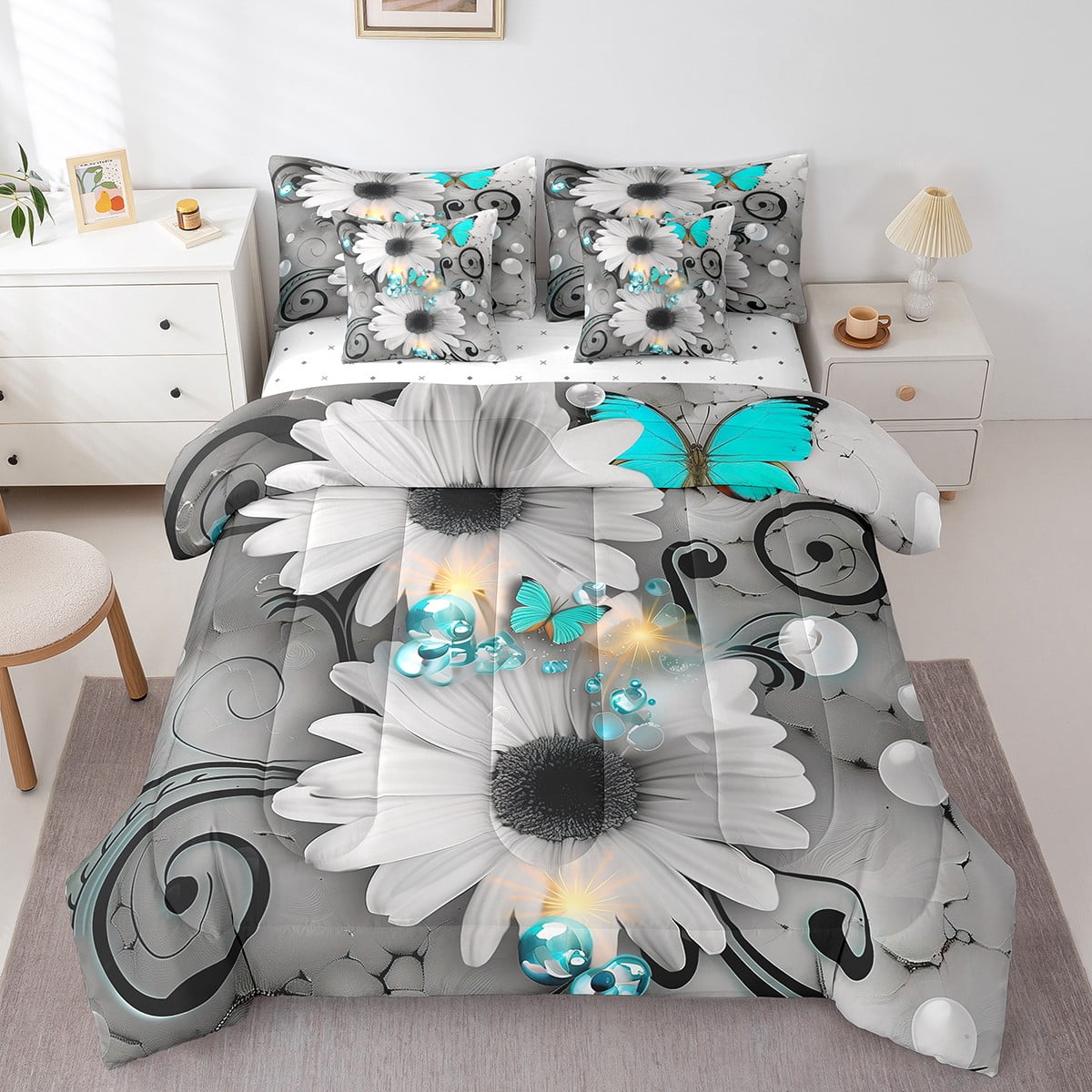 Daisy Flower Full Size Comforter Set 7-Piece Girls Daisy Printed ...