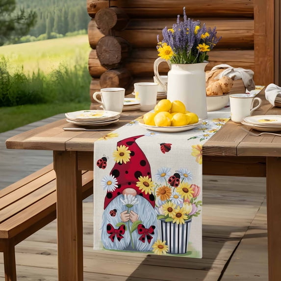 Daisy Flower Gnome Ladybug Table Runner 70 Inch Long Farm Watercolor ...