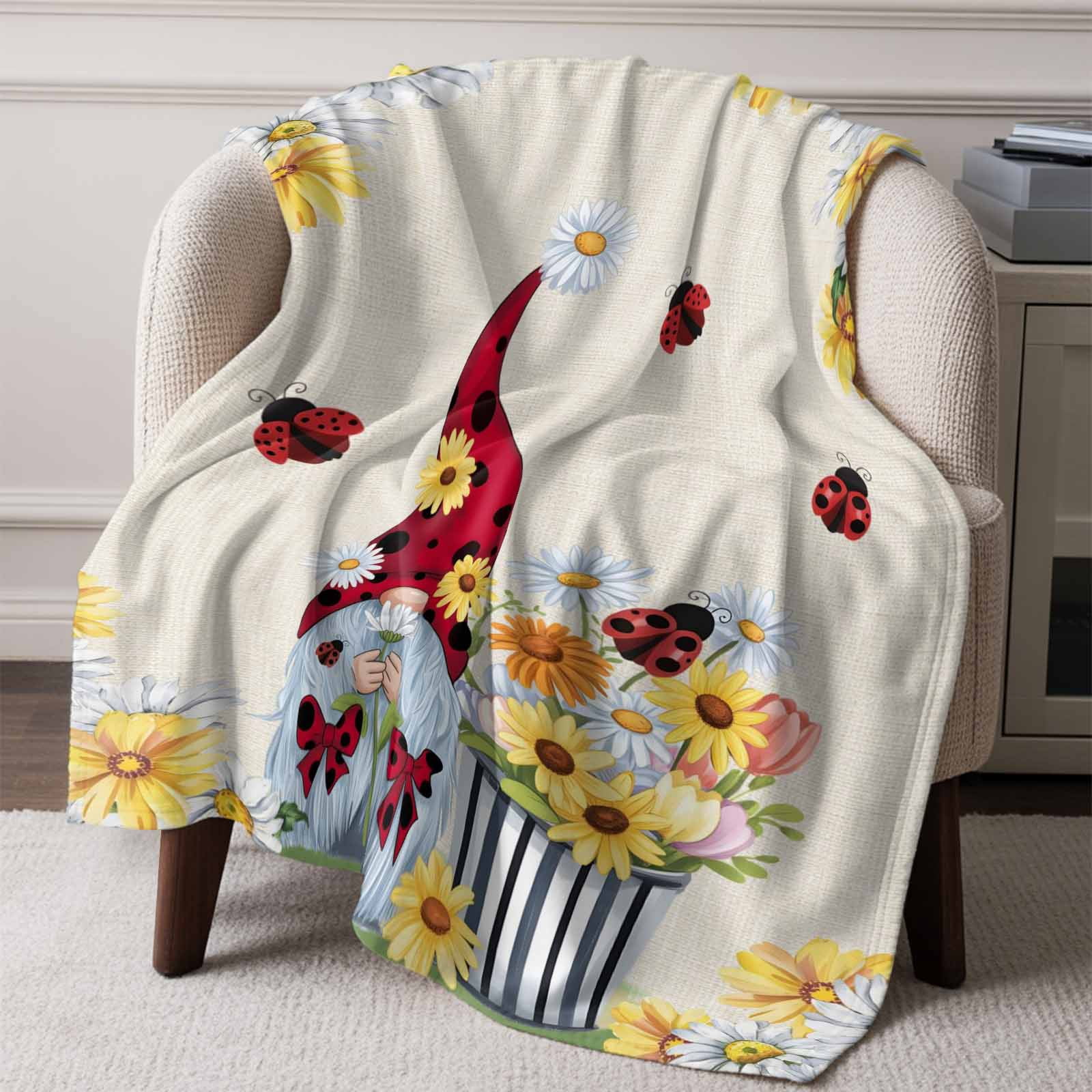 Daisy Flower Gnome Ladybug Throw Blanket Flannel Fleece Throws, Farm ...