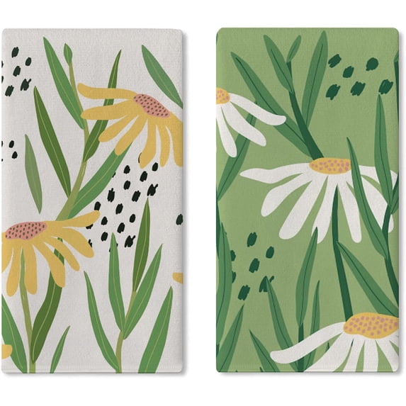 Daisy Flower Green Kitchen Dish Towels Set of 2, Yellow White Floral ...