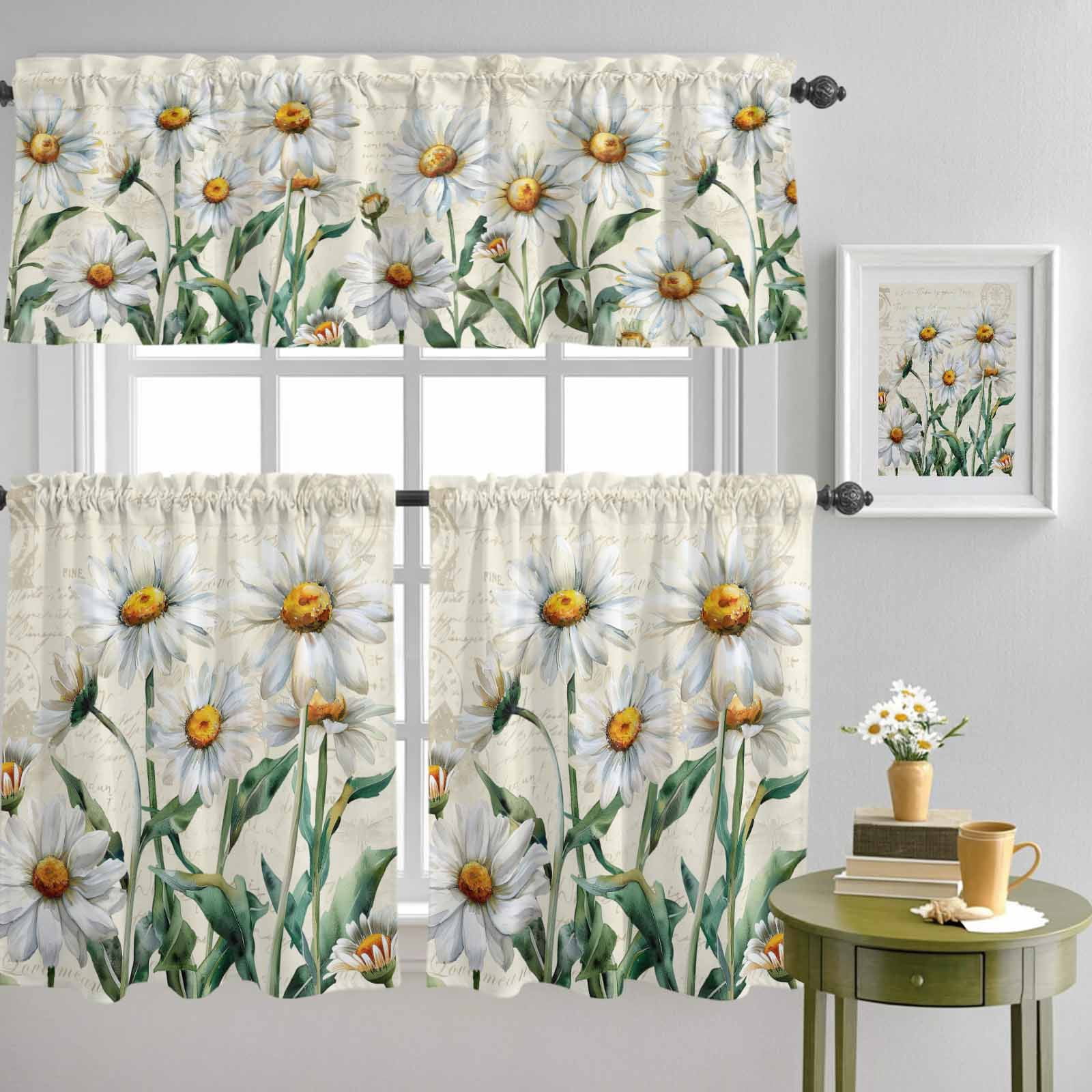 Daisy Flower Green Leaf Plant Curtain Tier and Valance Set 3 Piece ...