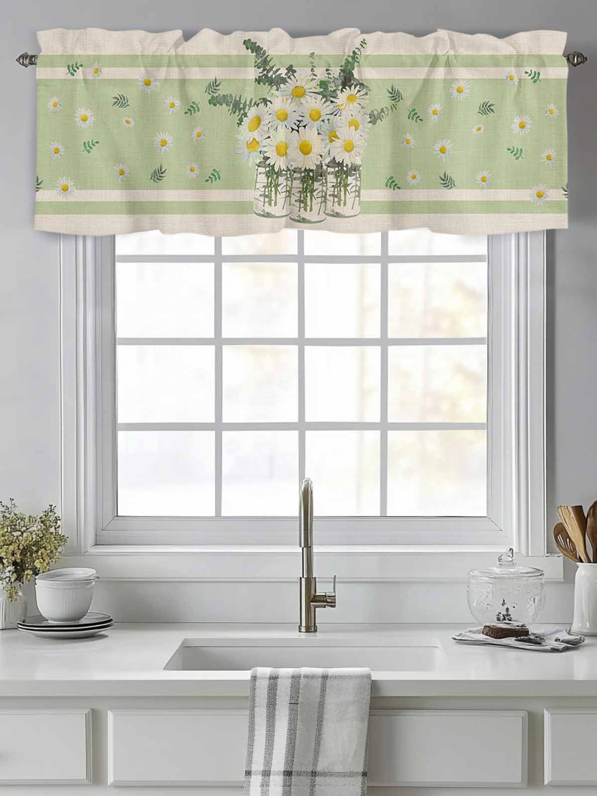 Daisy Flower Green Leaf Vase Valances for Windows,Kitchen Valance Rod ...