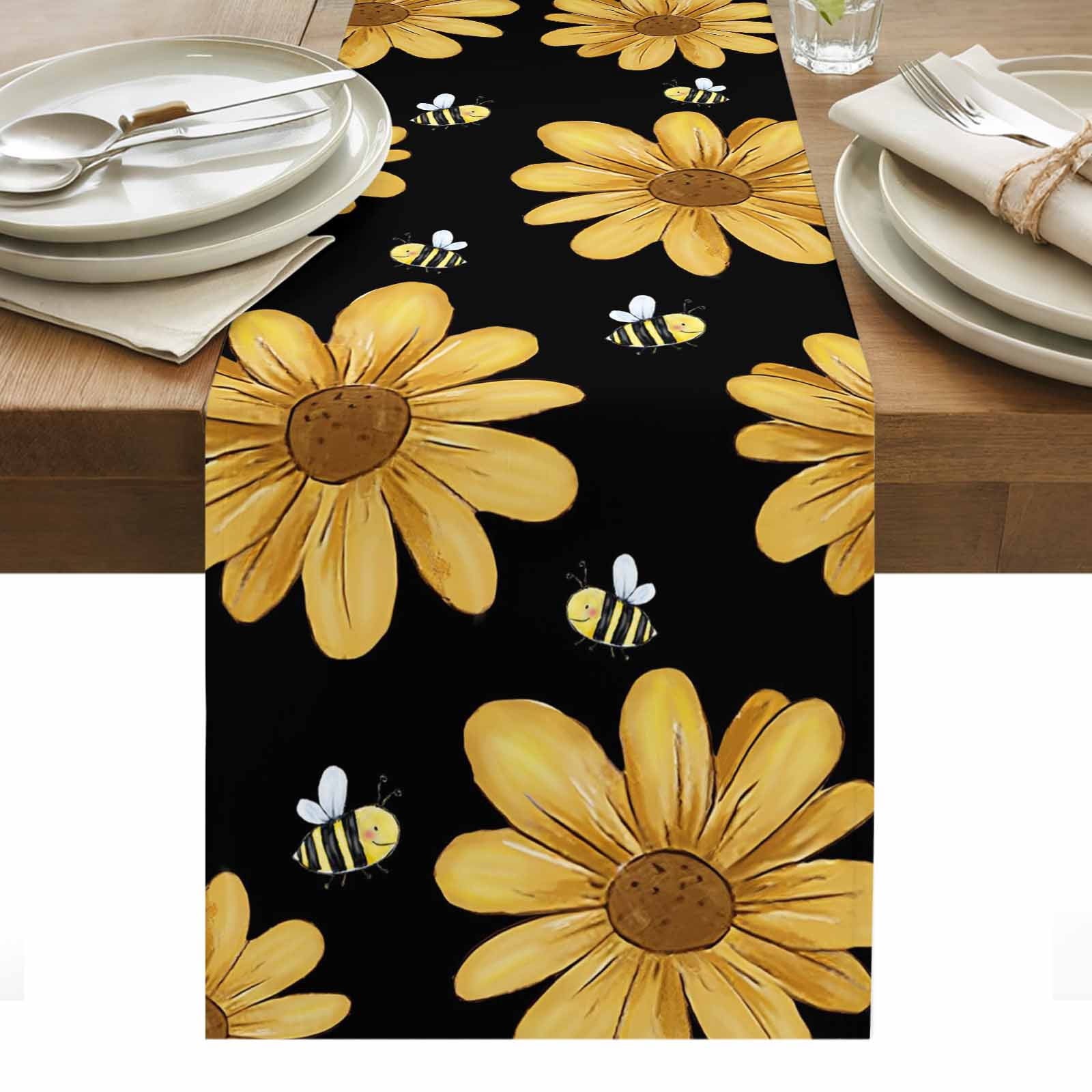 Daisy Flower Honeybees Cotton Linen Table Runner Yellow Farmhouse ...