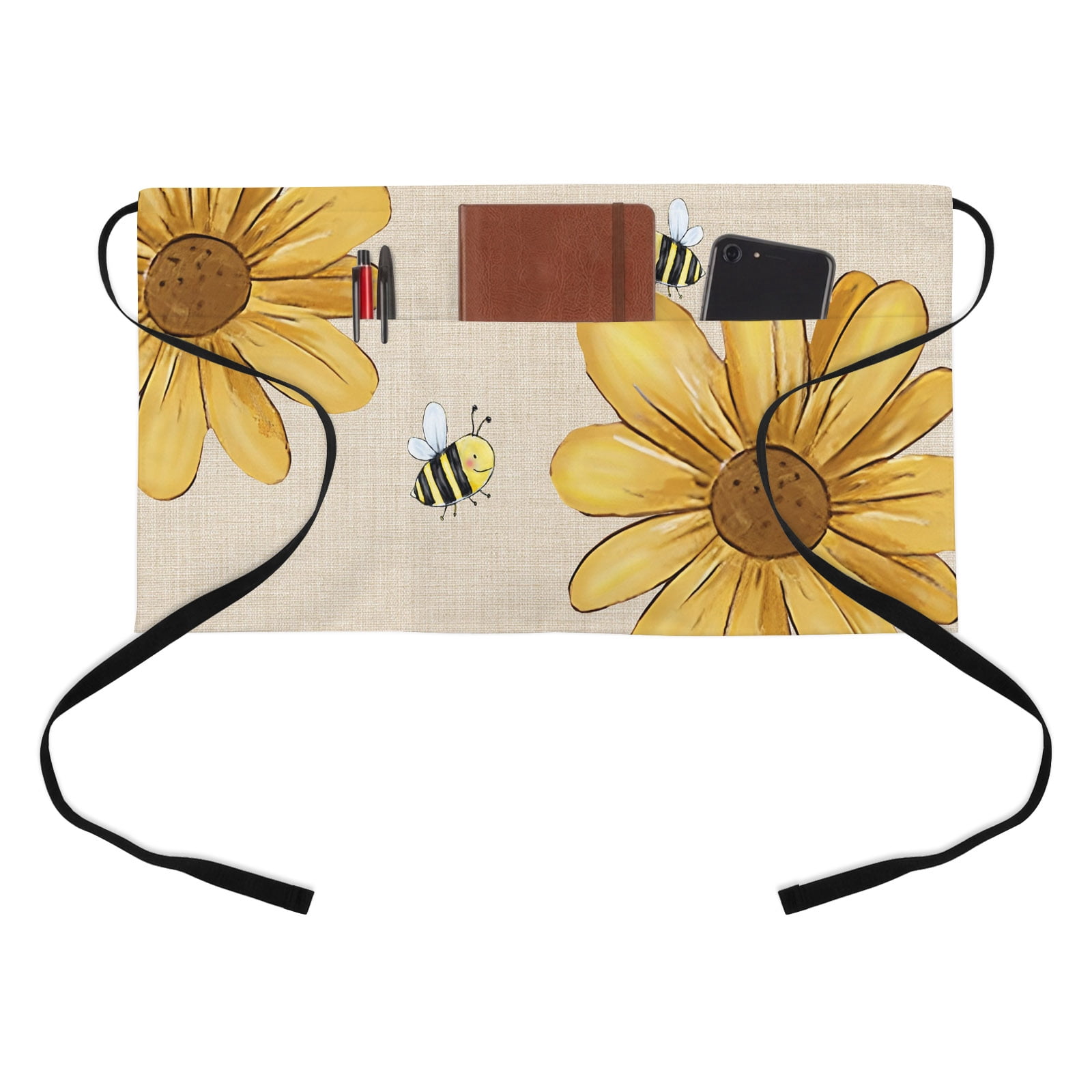 Daisy Flower Honeybees Half Waist Apron Farmhouse Floral Rustic Linen ...