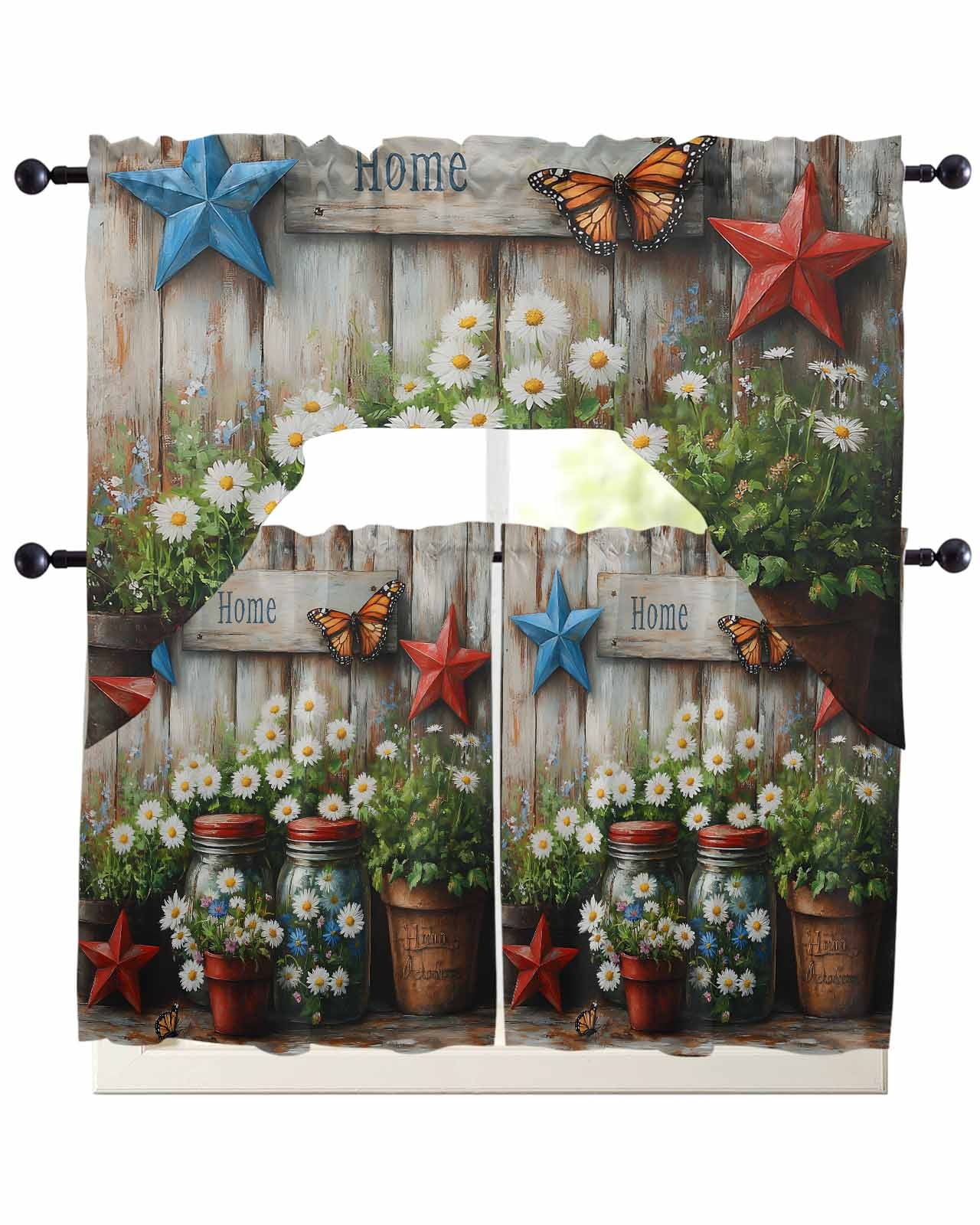 Daisy Flower Kitchen Curtains Swag Valance and Tier Curtains Set 24 Inch Length, Retro Western ...