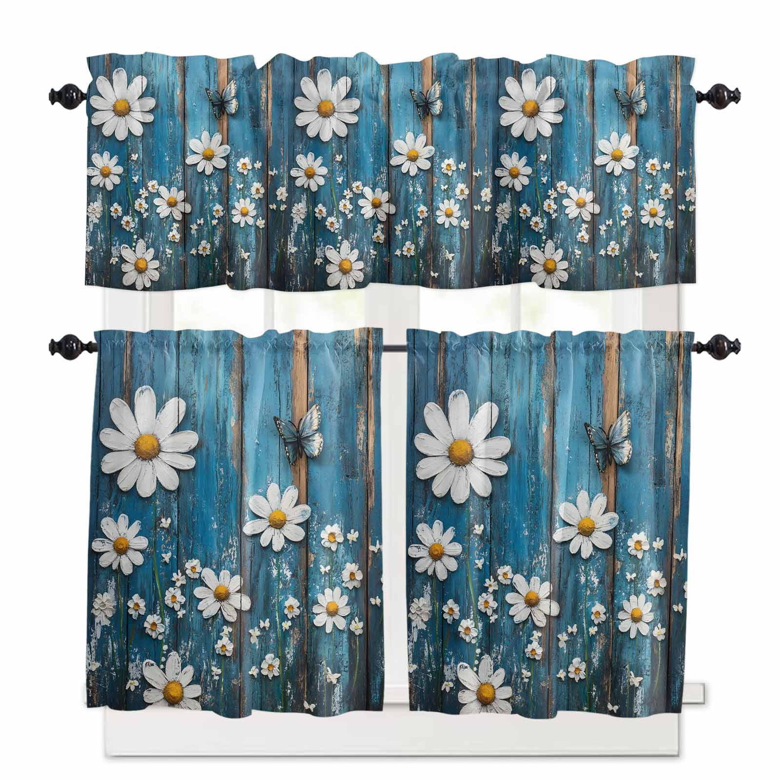 Daisy Flower Kitchen Curtains Valance and Tier Set Rustic Blue Wood ...