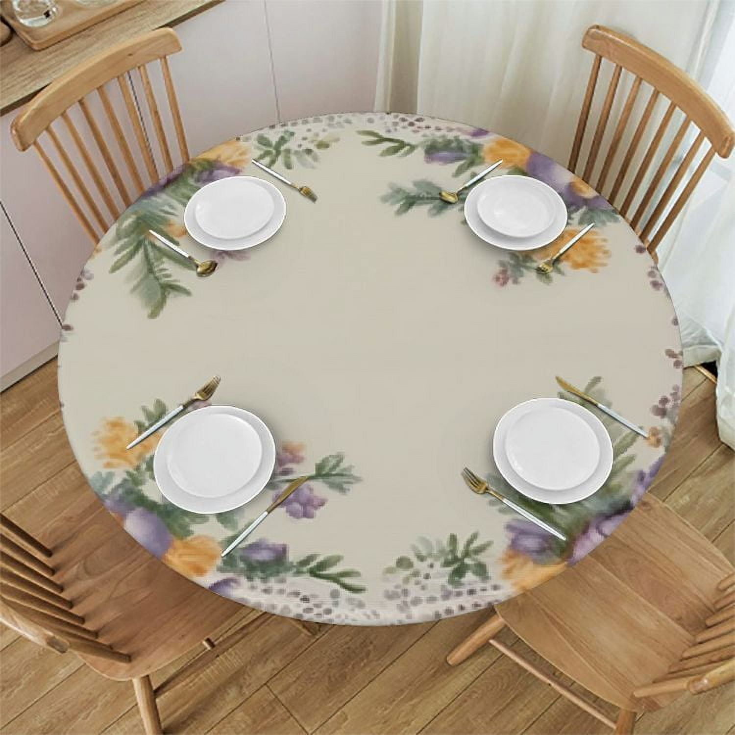 Daisy Flower Kitchen Fitted Tablecloth for Round Table,Boho Table Cover ...