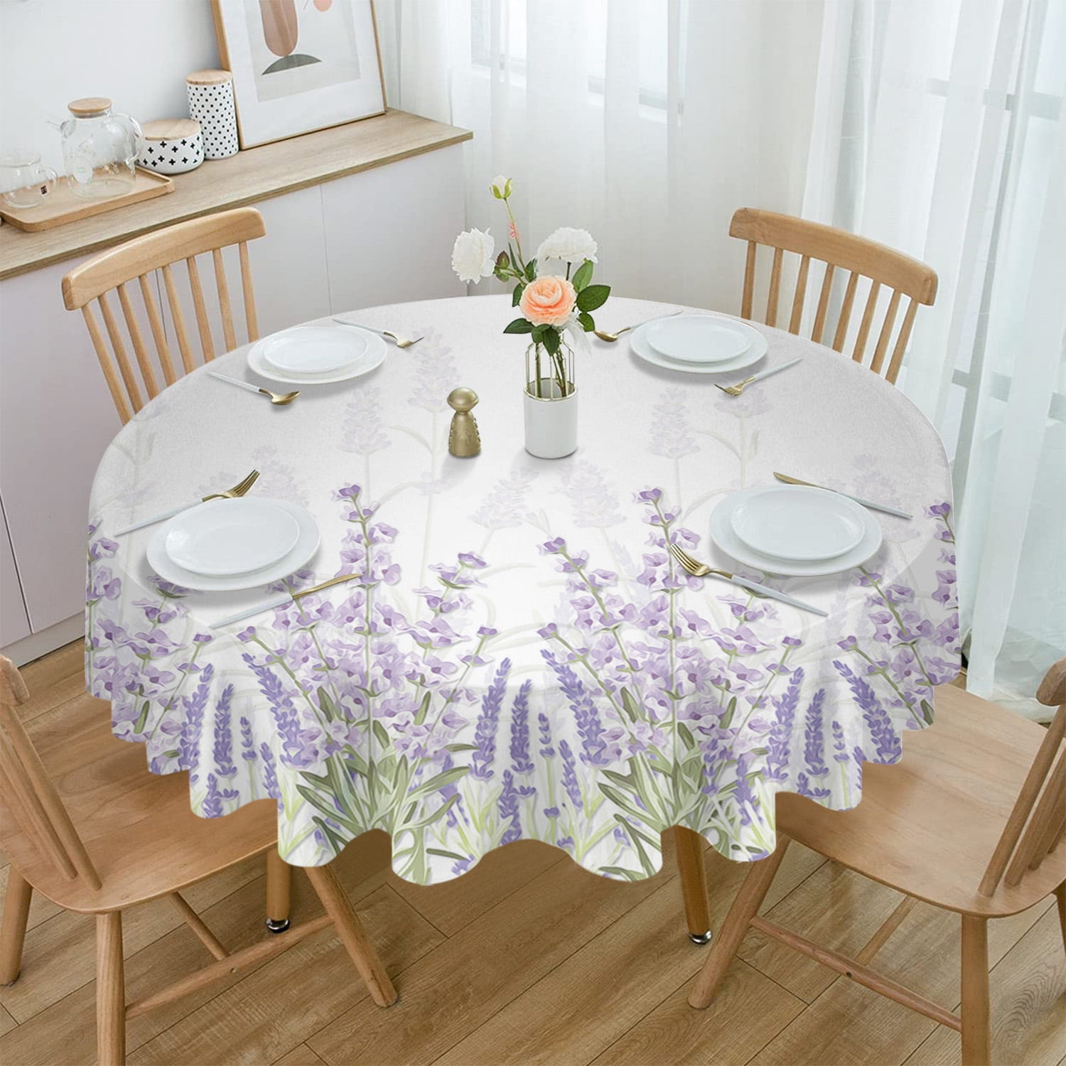 Daisy Flower Lavender Butterfly Round Waterproof Tablecloth Home ...